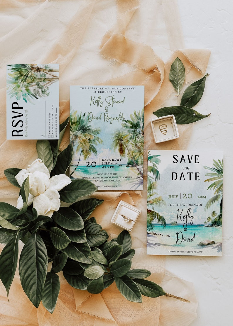 Beach Tropical Palm Trees Watercolour Destination Wedding Save the Date ...