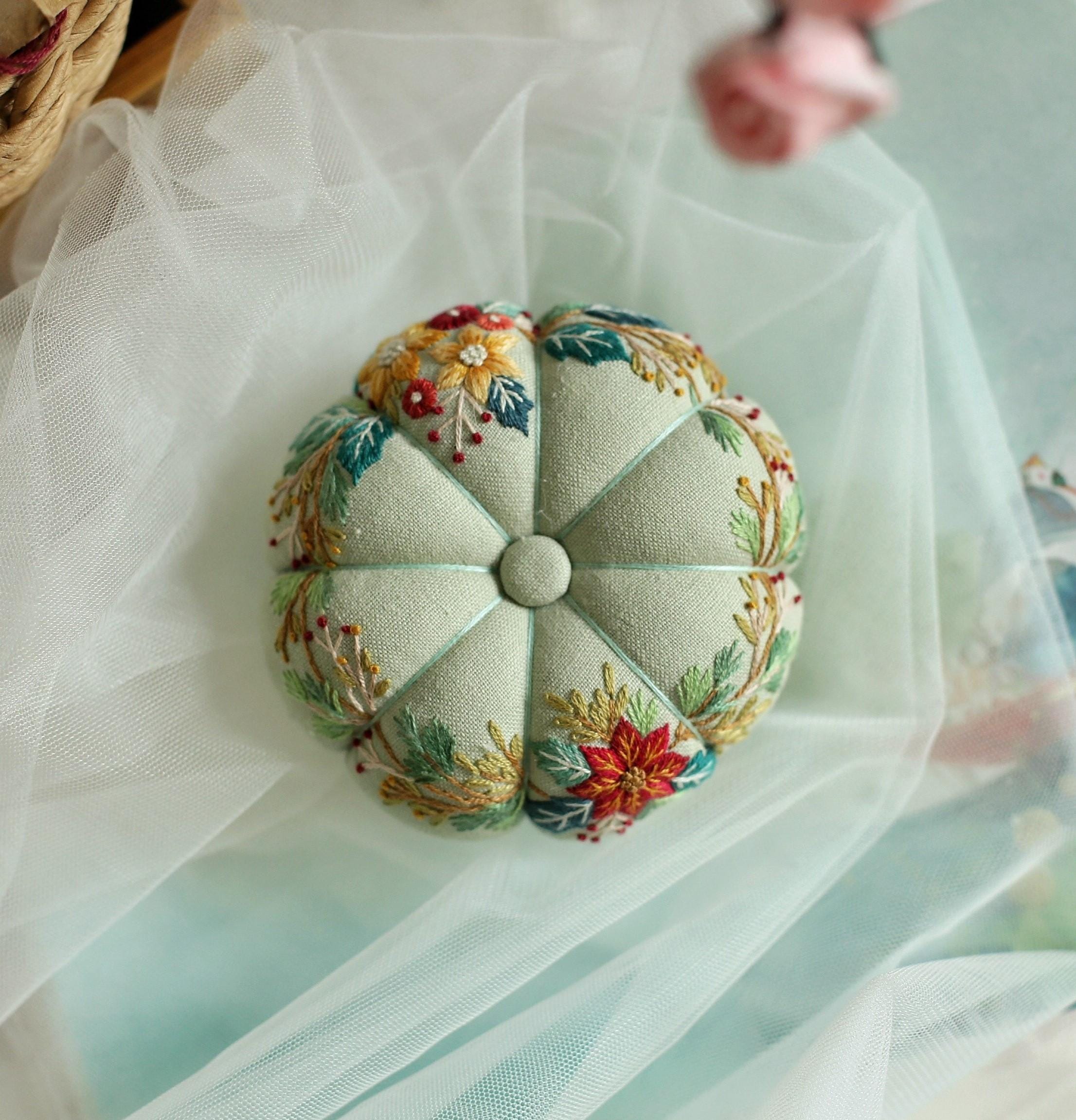 Hand-embroidered Linen Pincushion: Floral Pumpkin Design, Pincushion - Etsy