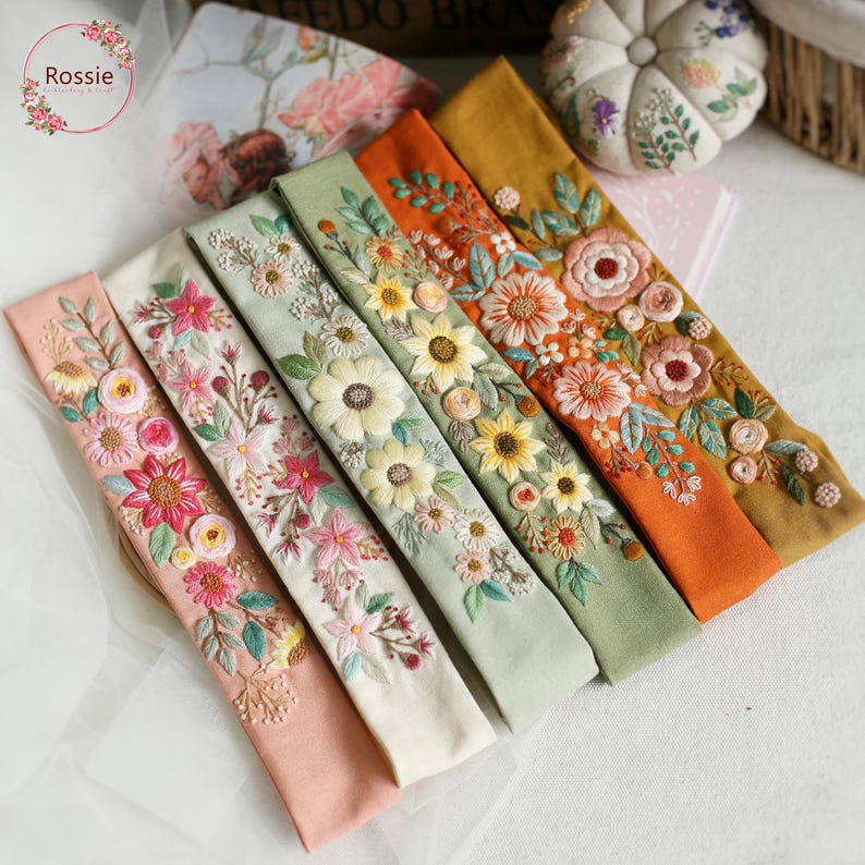 Hand Embroidered Linen Headband: Floral Hair Accessory - Etsy