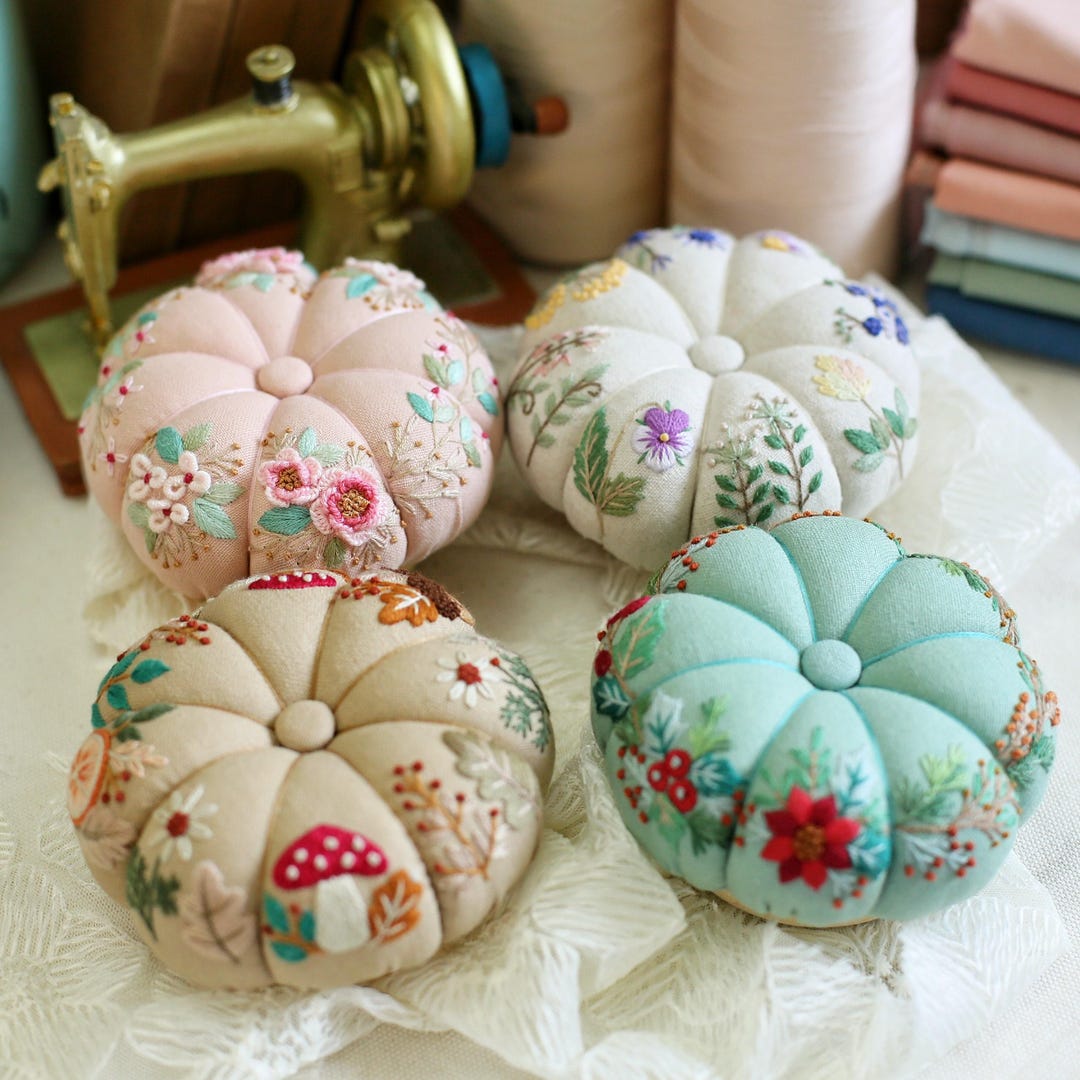 Hand-embroidered Linen Pincushion: Floral Pumpkin Design - Etsy