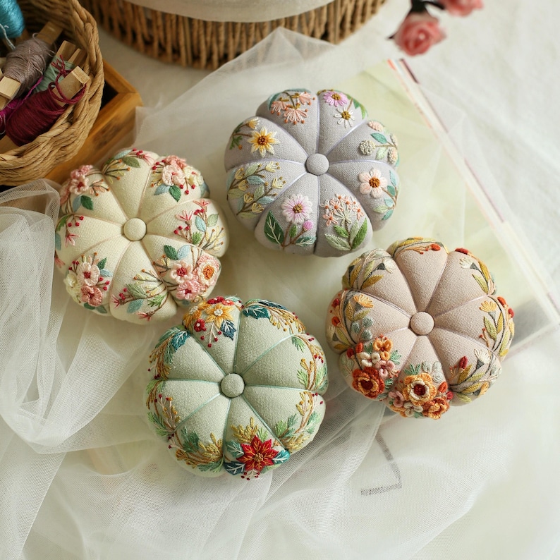 Hand-embroidered Linen Pincushion: Floral Pumpkin Design, Pincushion - Etsy