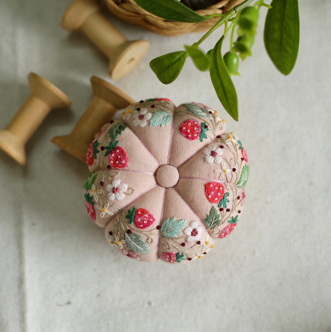 Hand-embroidered Linen Pincushion: Fruit Pumpkin Design, Pincushion, - Etsy