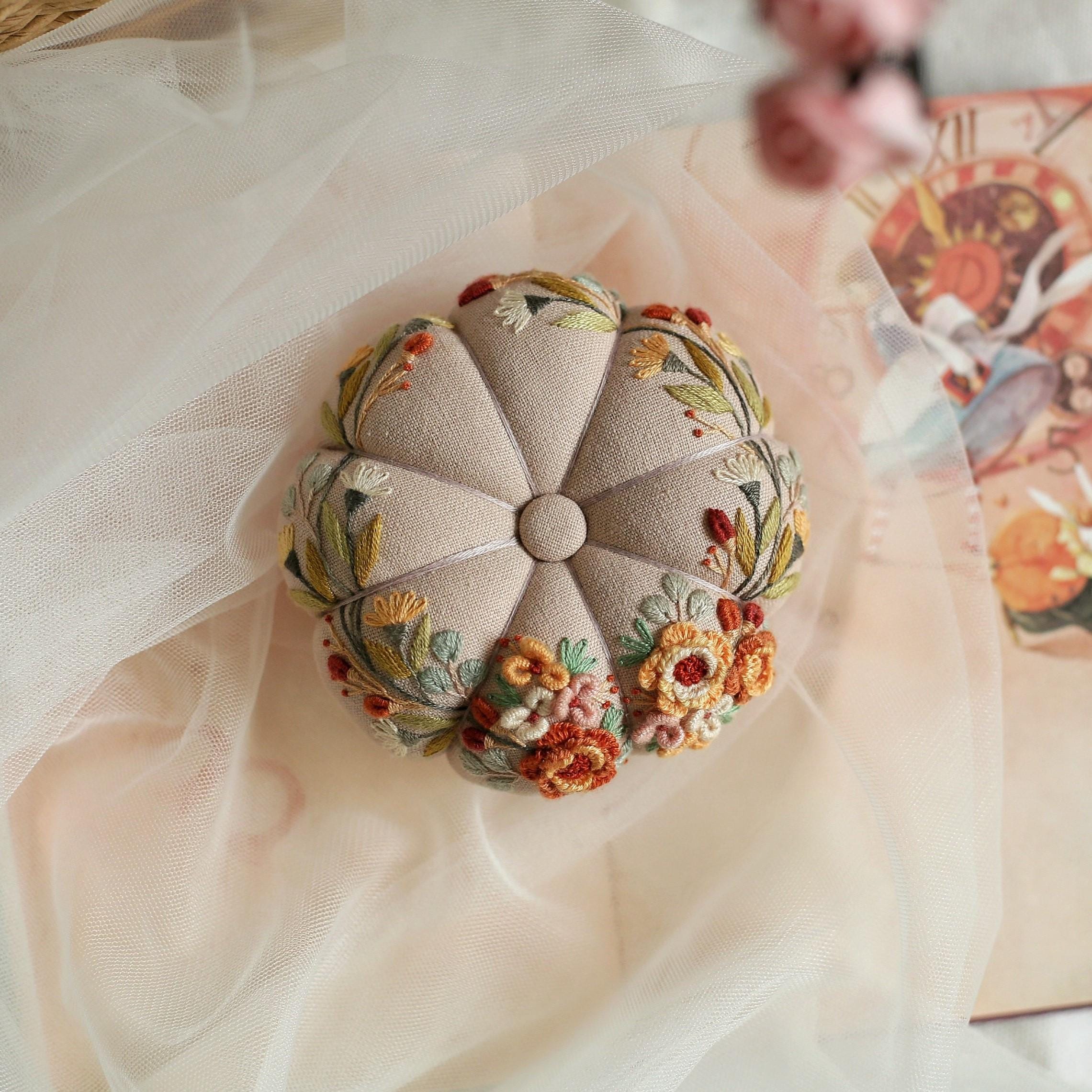 Hand-embroidered Linen Pincushion: Floral Pumpkin Design, Pincushion - Etsy