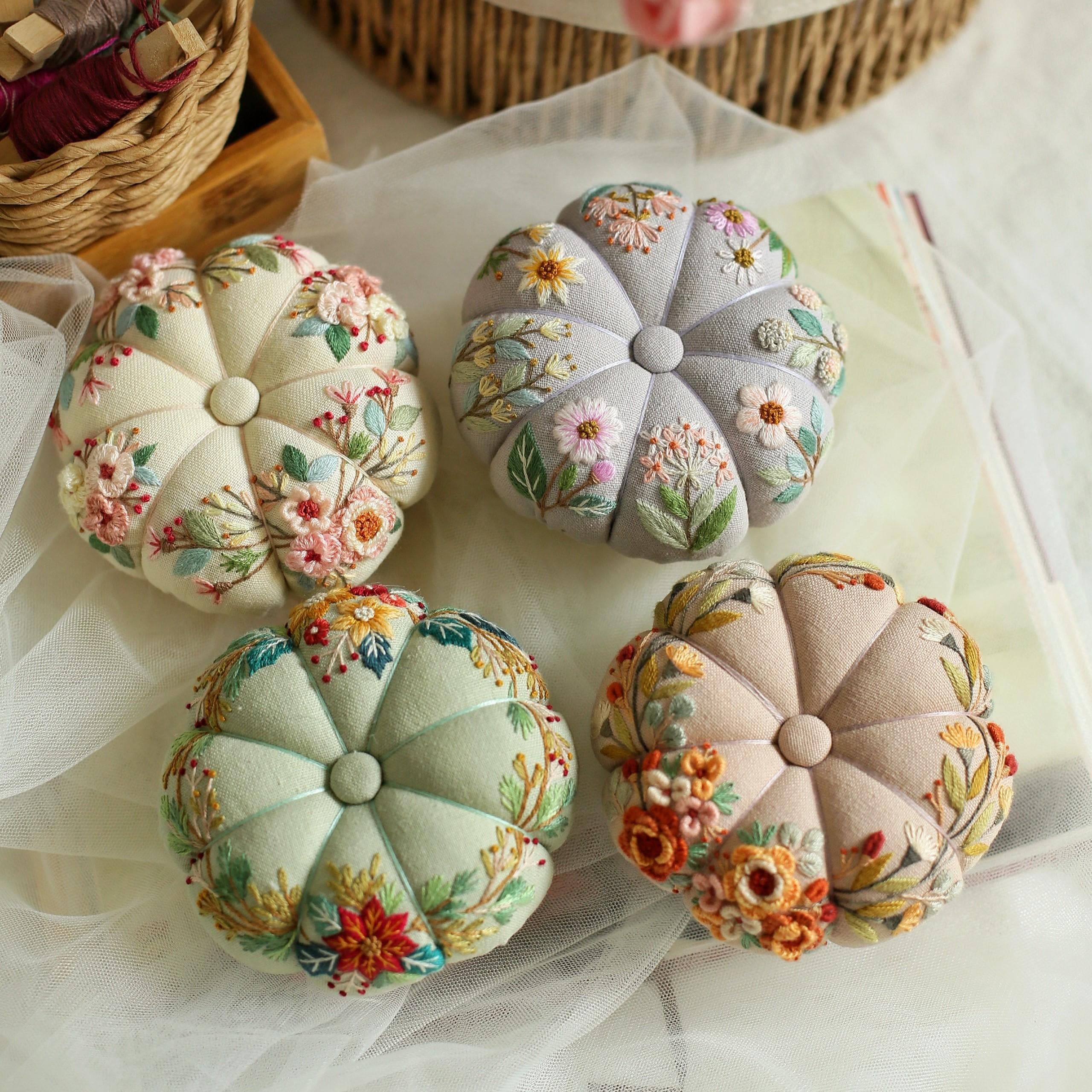 Hand-embroidered Linen Pincushion: Floral Pumpkin Design, Pincushion - Etsy