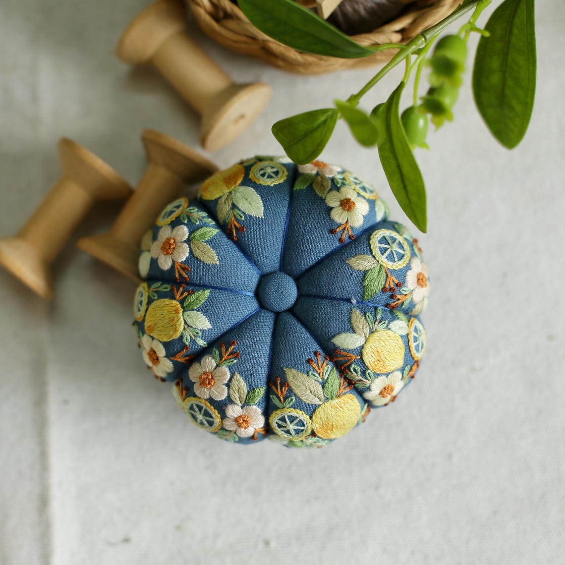 Hand-embroidered Linen Pincushion: Fruit Pumpkin Design, Pincushion, - Etsy
