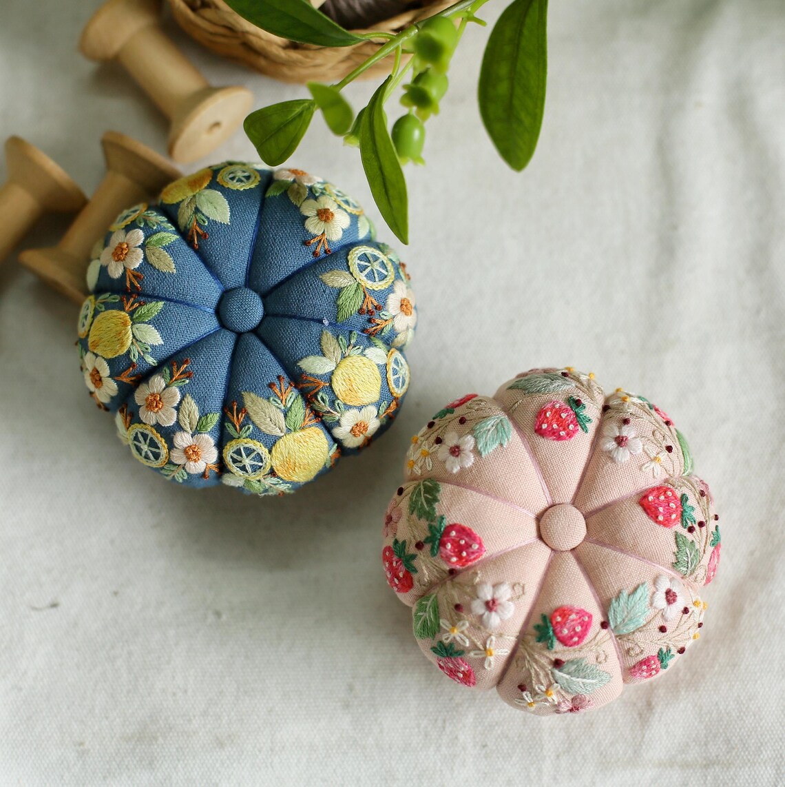 Hand-embroidered Linen Pincushion: Fruit Pumpkin Design, Pincushion, - Etsy