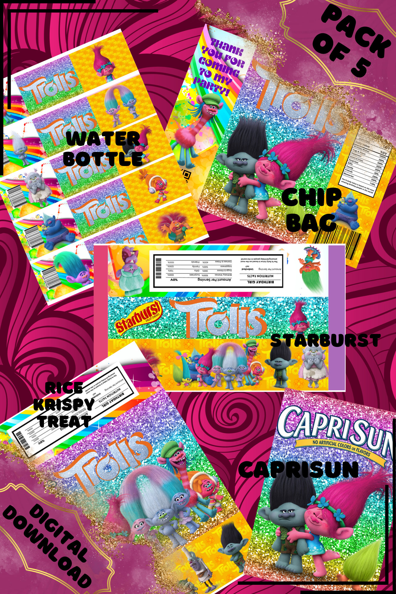 Trolls DIY Digital Download Printable Party Favors Kid's Birthday Chip ...