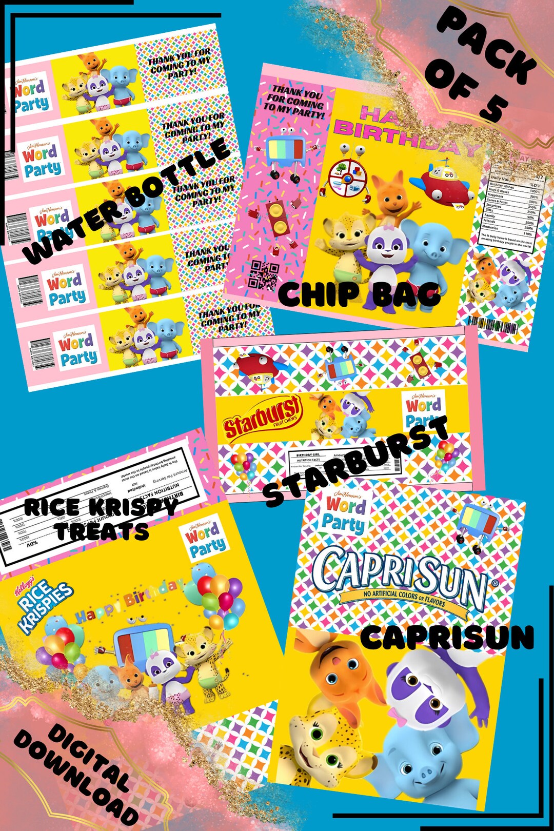 WORD PARTY Digital Download DIY Chip Bag Water Bottle Rice Krispy Capri ...
