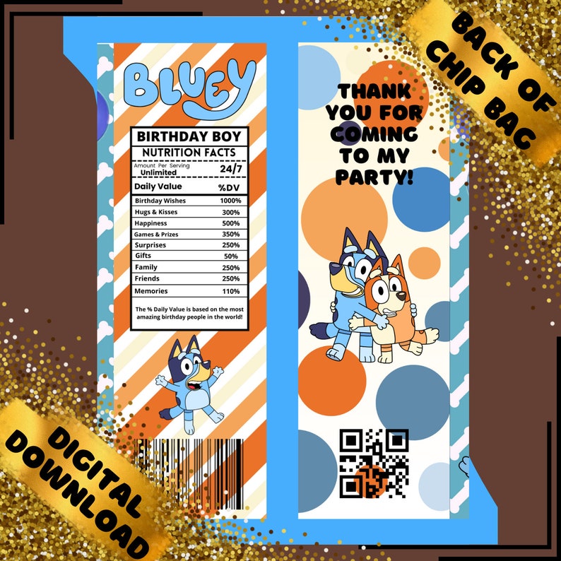 BLUEY Party Favors DIY Digital Download Pack of 5 Chip Bag Water Bottle ...