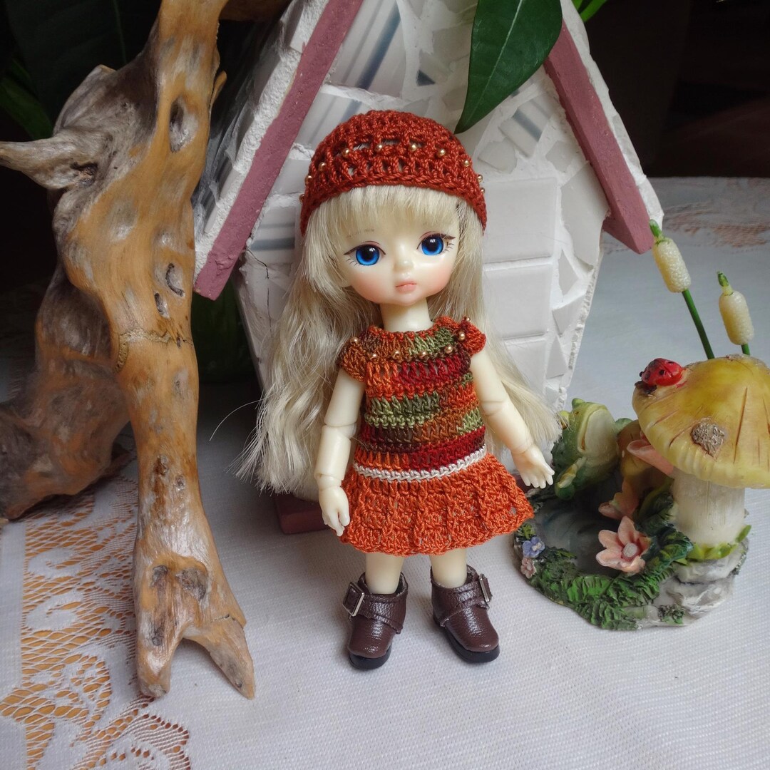 Crochet Doll Clothes: 4.7" BJD Hujoo Outfit, Hat, Dress, Panty - Etsy