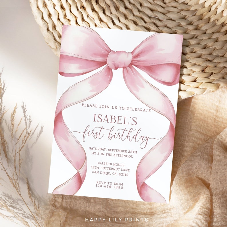 Editable Pink Bow Birthday Invitation, 1st Birthday, First Birthday ...