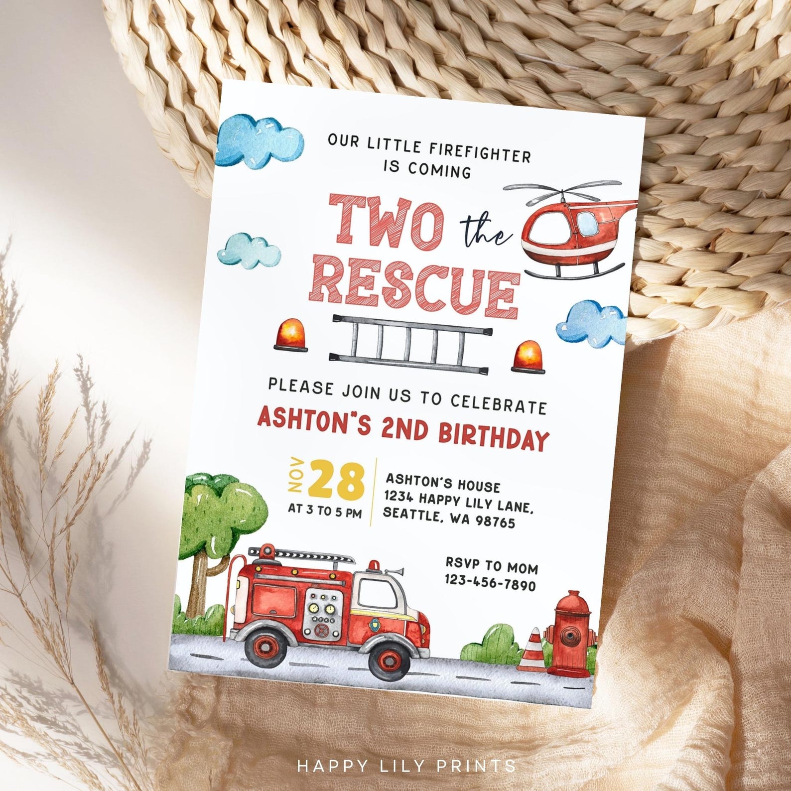 Two the Rescue Birthday Invitation, Fire Truck Invite, Sound the Alarm, Editable Boy 2nd ...