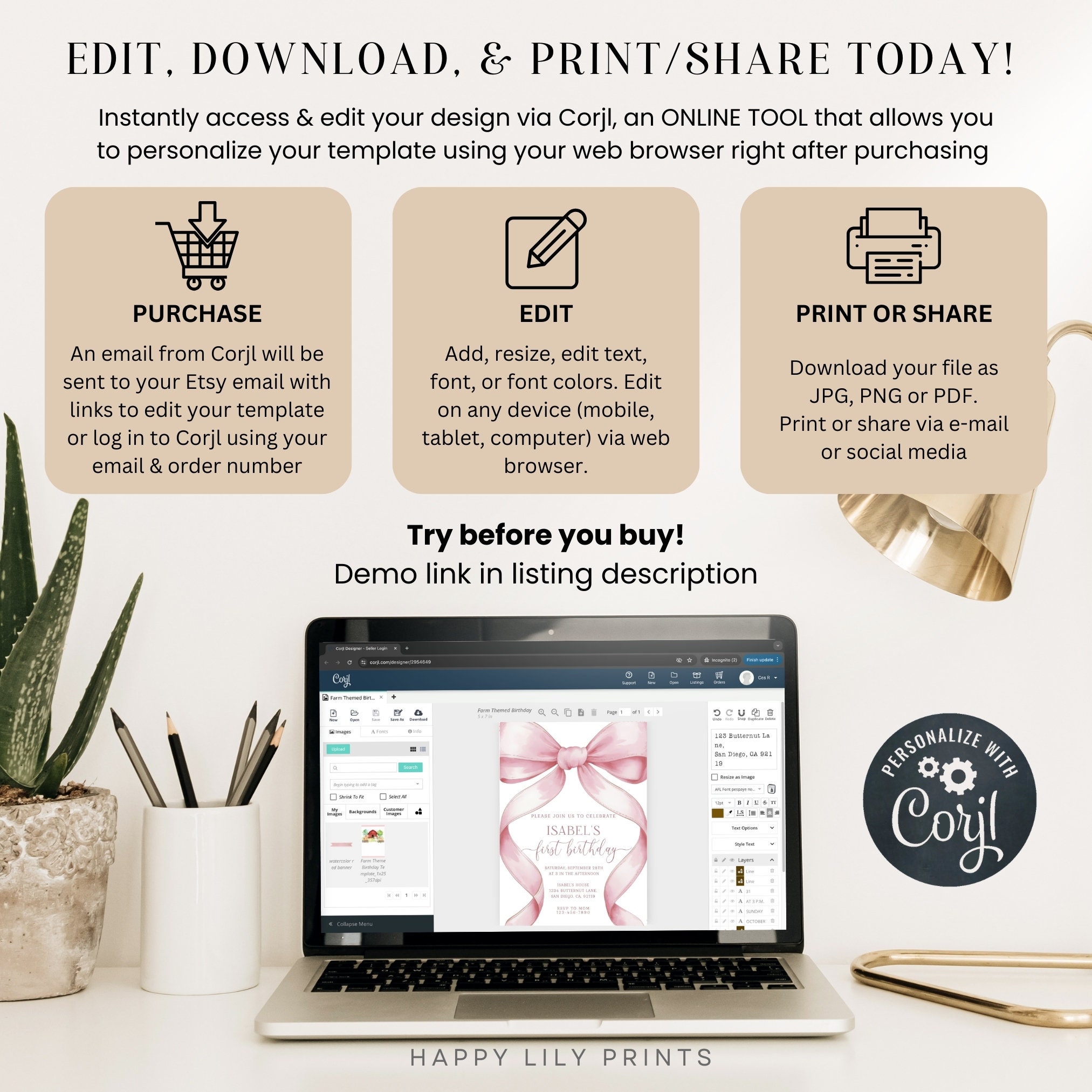 Pink Bow Thank You Tag, Editable Pink Bow Party Favors Tag, Minimalist ...