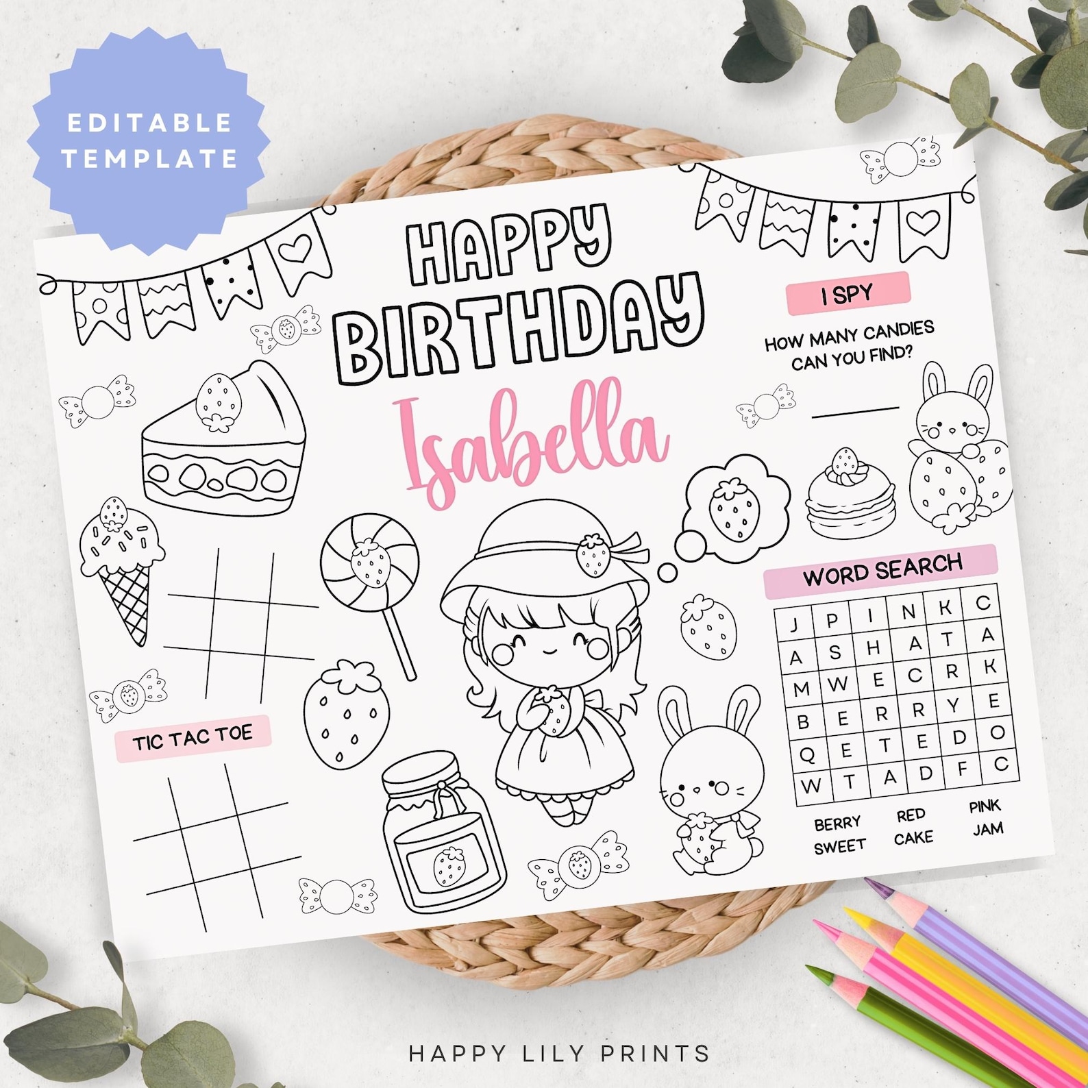 Berry First Birthday Coloring Page, Editable Strawberry Placemat ...