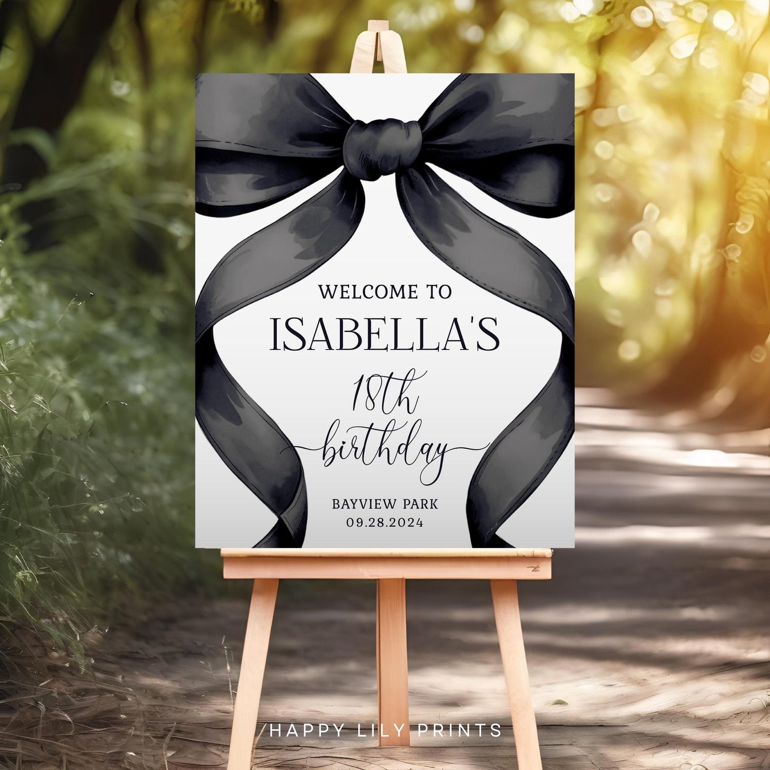 Black Bow Welcome Sign, Editable Black Bow Birthday Welcome Sign ...