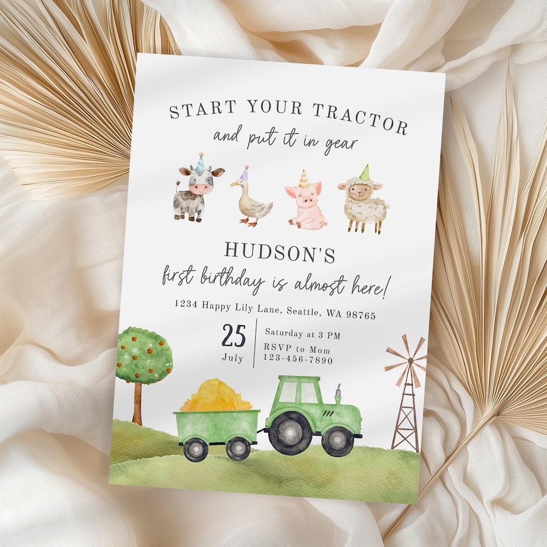 Start Your Tractor Birthday Invite, Editable Green Tractor Invite, Boy ...