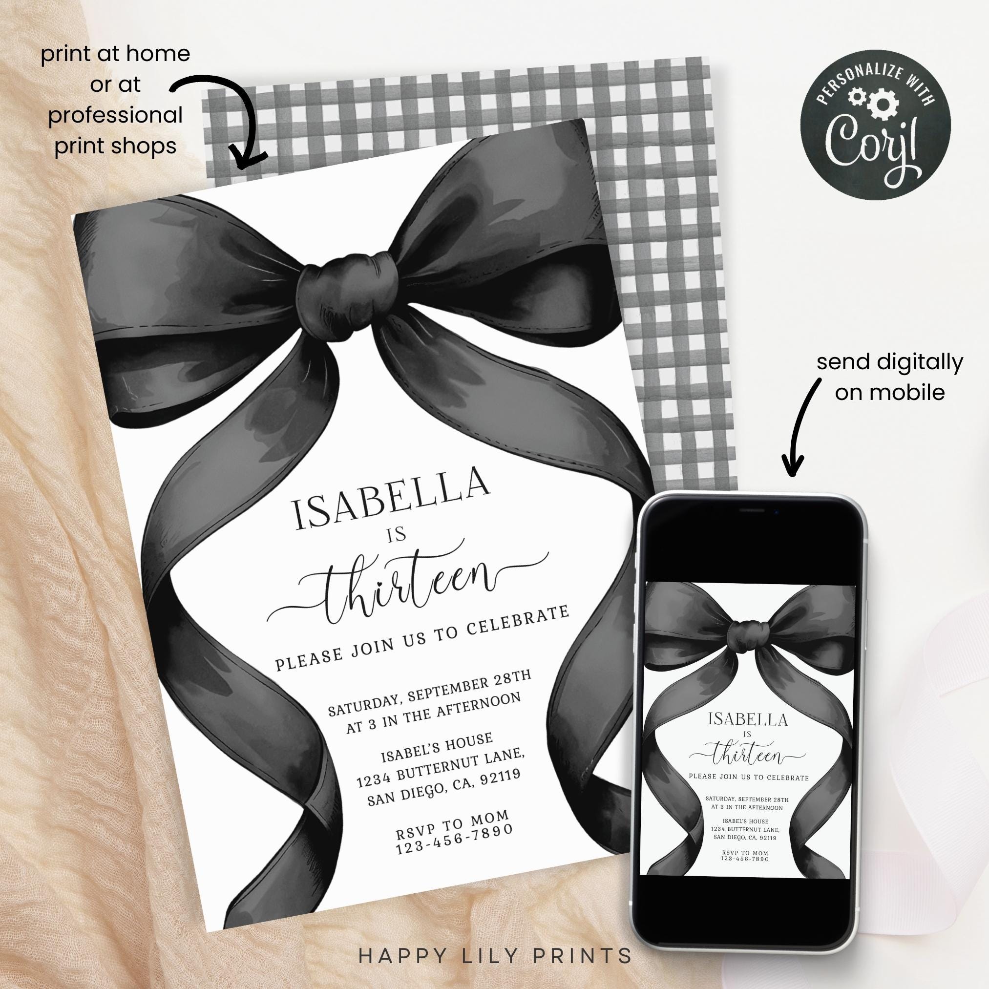 Editable Black Bow Birthday Invitation, Black Coquette Bow, Black Bow ...