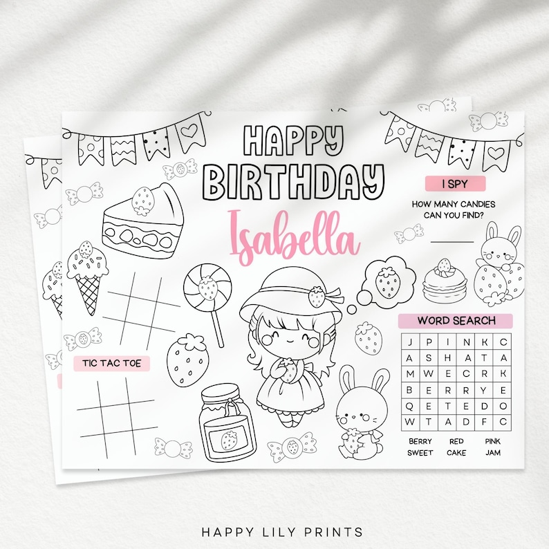Berry First Birthday Coloring Page, Editable Strawberry Placemat ...