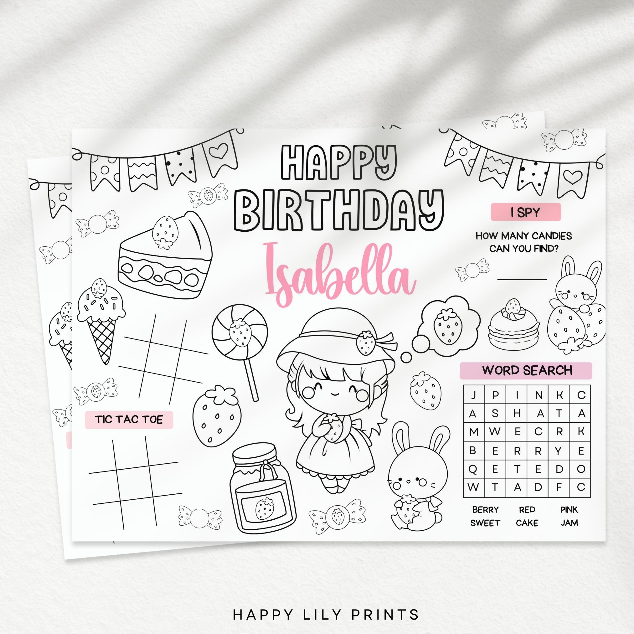 Berry First Birthday Coloring Page, Editable Strawberry Placemat ...