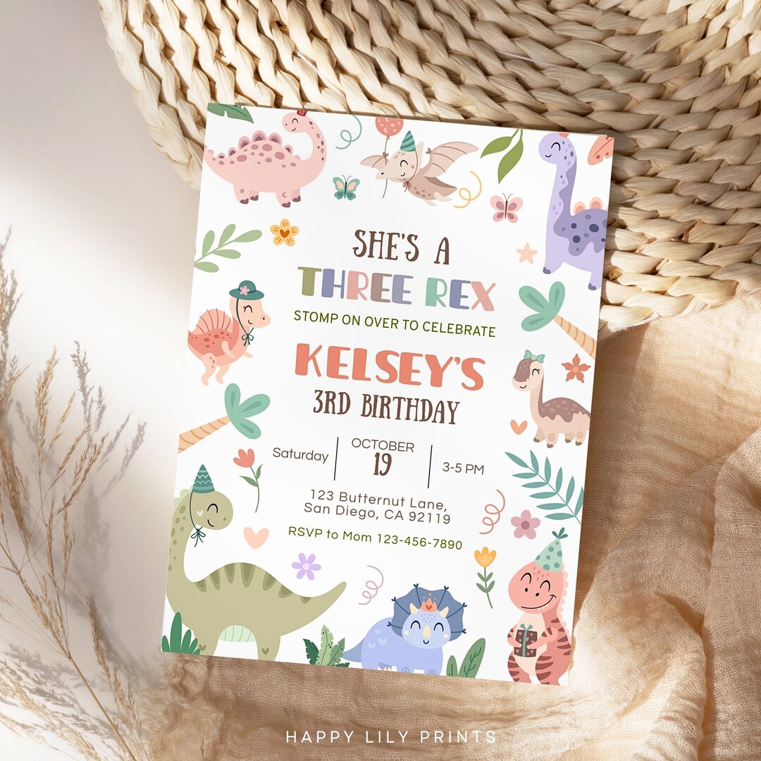 Pastel Dinosaur Birthday Invitation Girl Three Rex, Dinosaur Birthday ...
