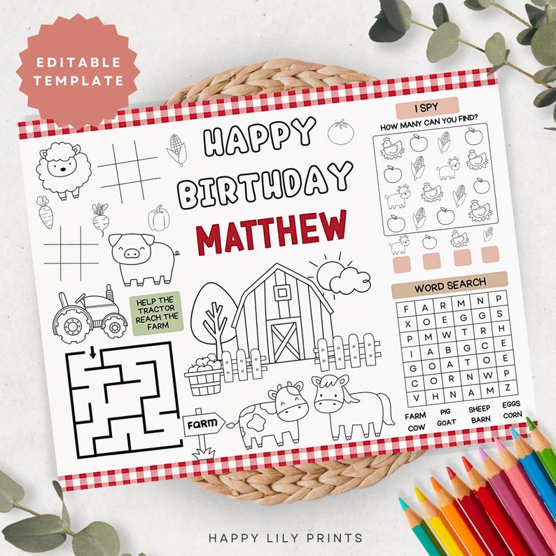 Farm Animal Birthday Coloring Placemat, Farm Party Favor, Farm Coloring ...