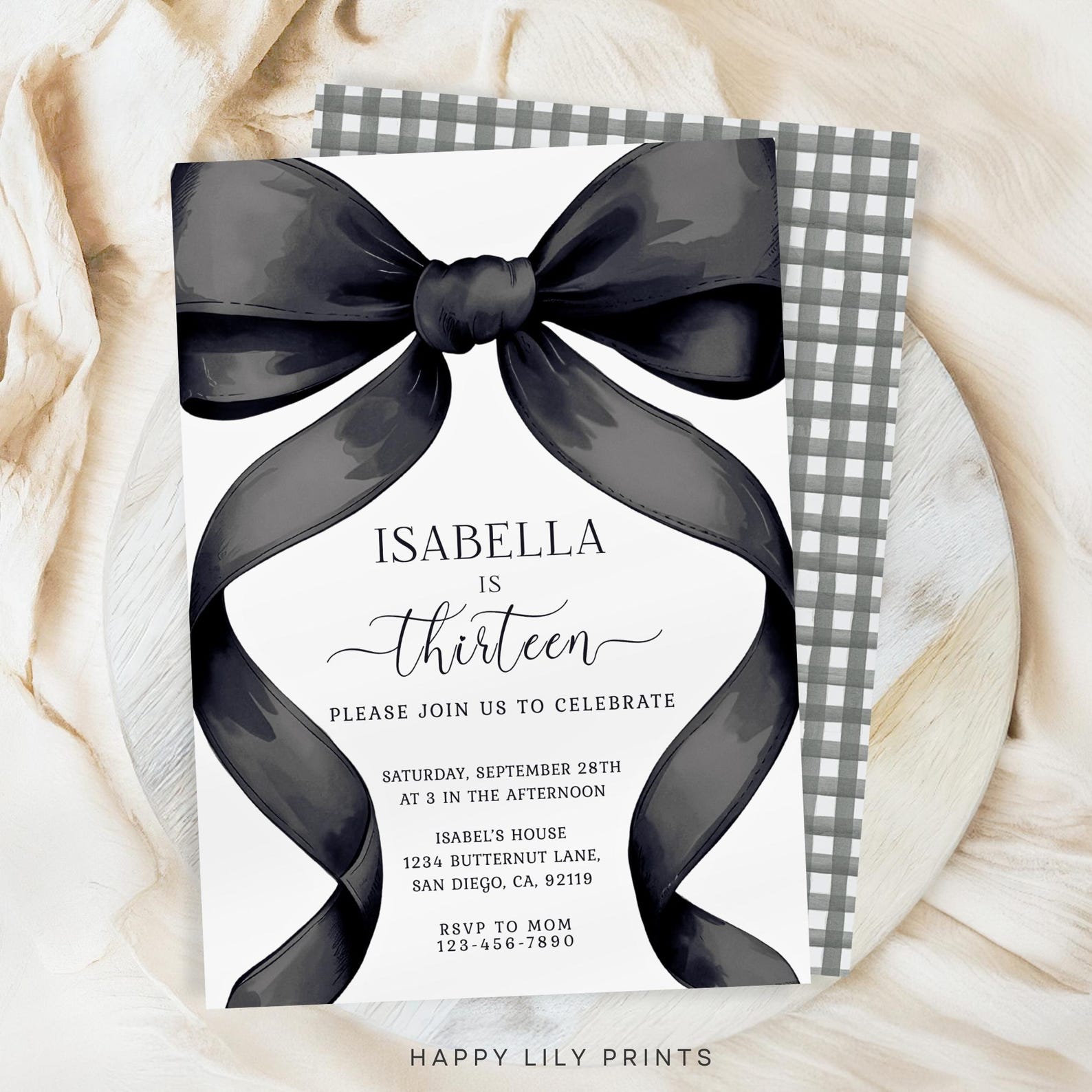 Editable Black Bow Birthday Invitation, Black Coquette Bow, Black Bow ...