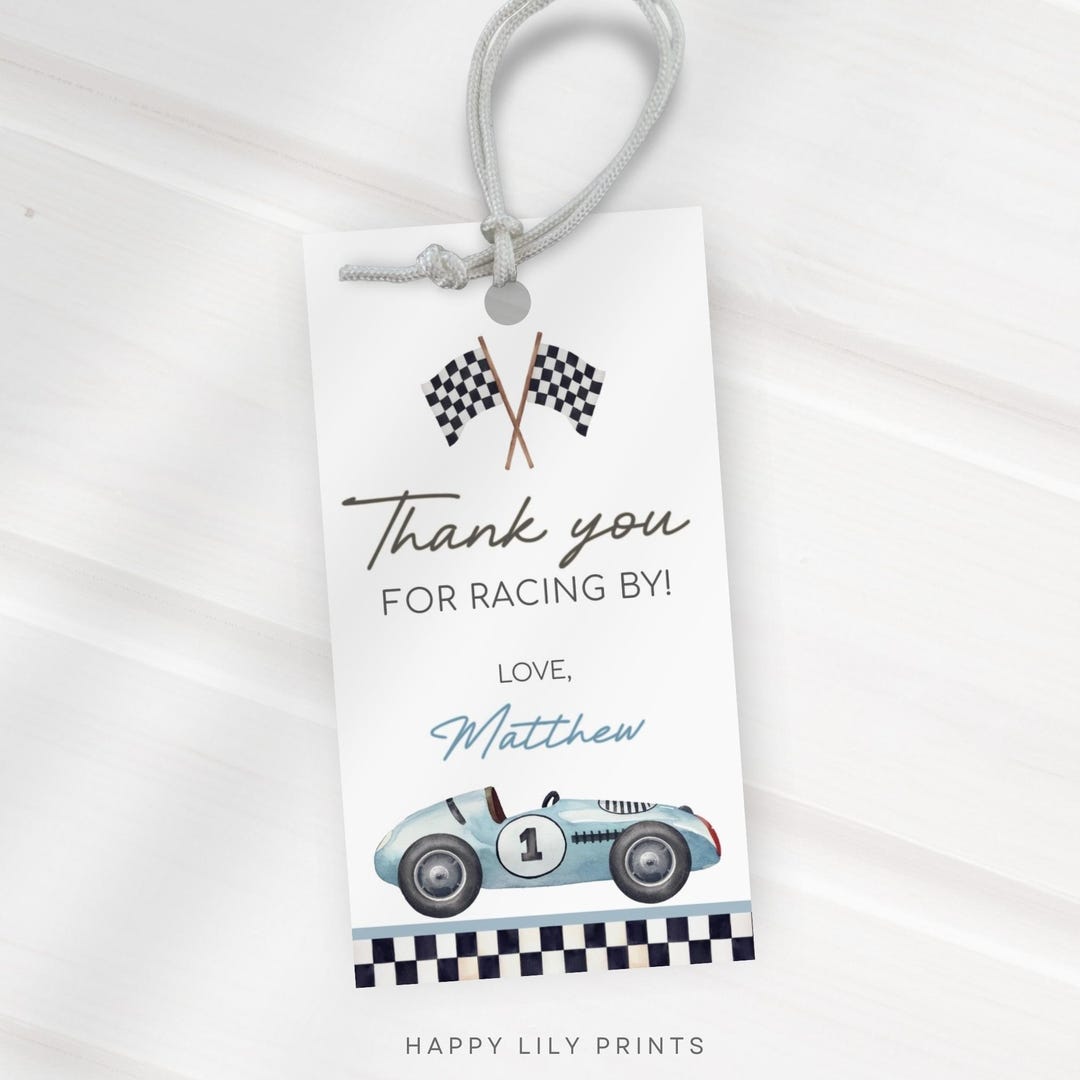 Race Car Thank You Tag, Editable Blue Race Car Party Favors Tag ...