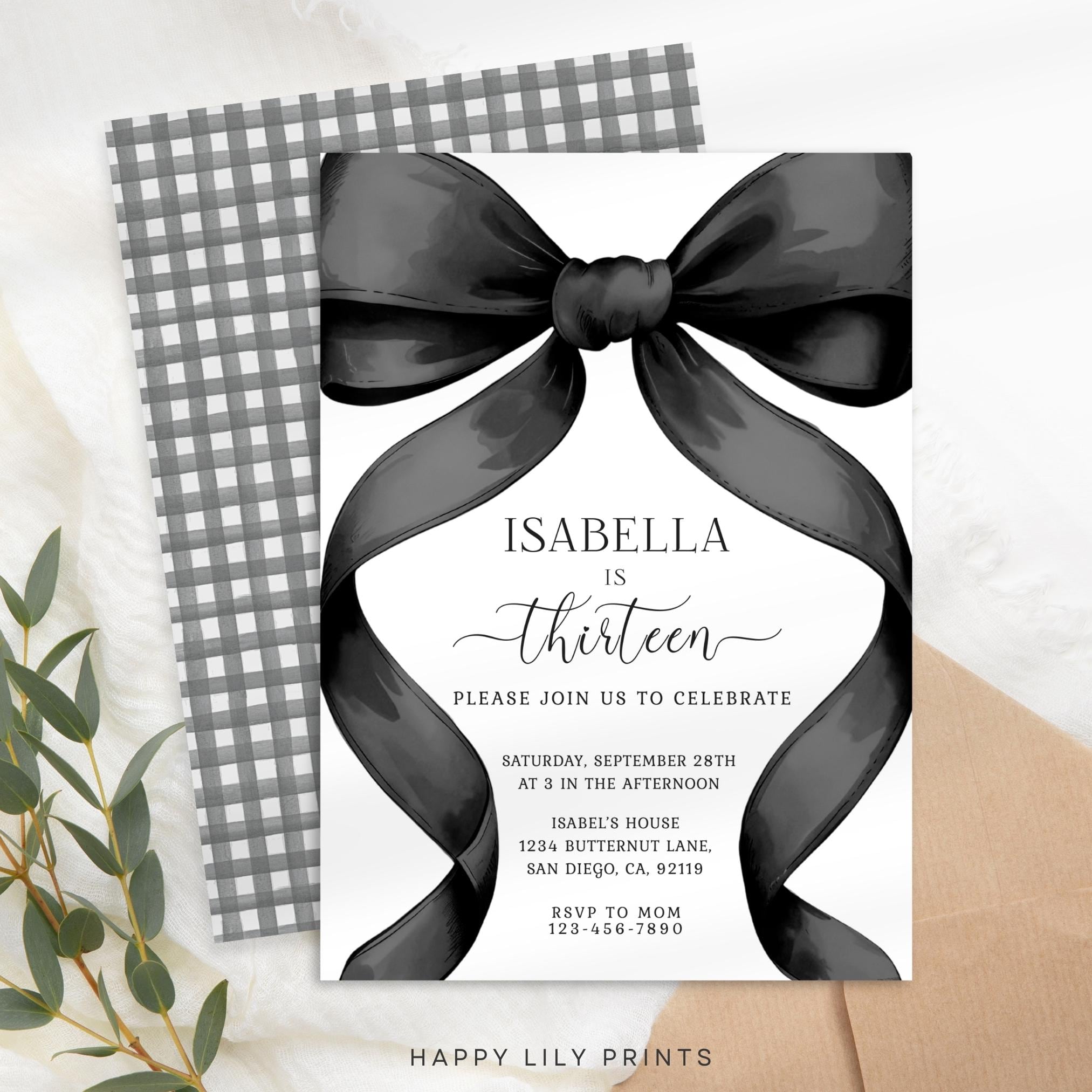 Editable Black Bow Birthday Invitation, Black Coquette Bow, Black Bow ...