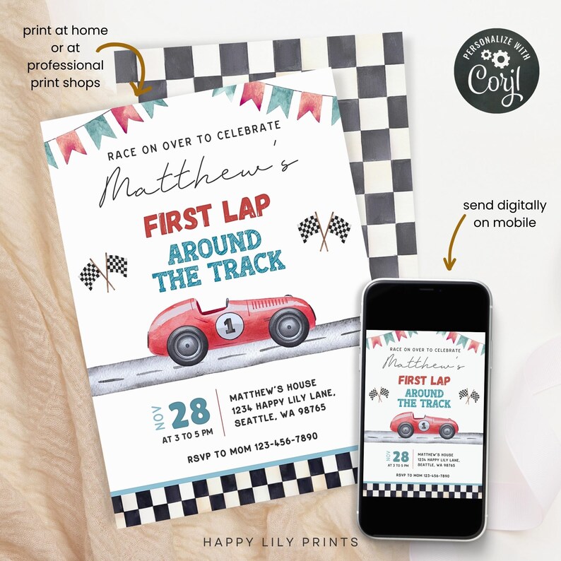 First Lap Around the Track Invite Templates, Printable Race Car ...