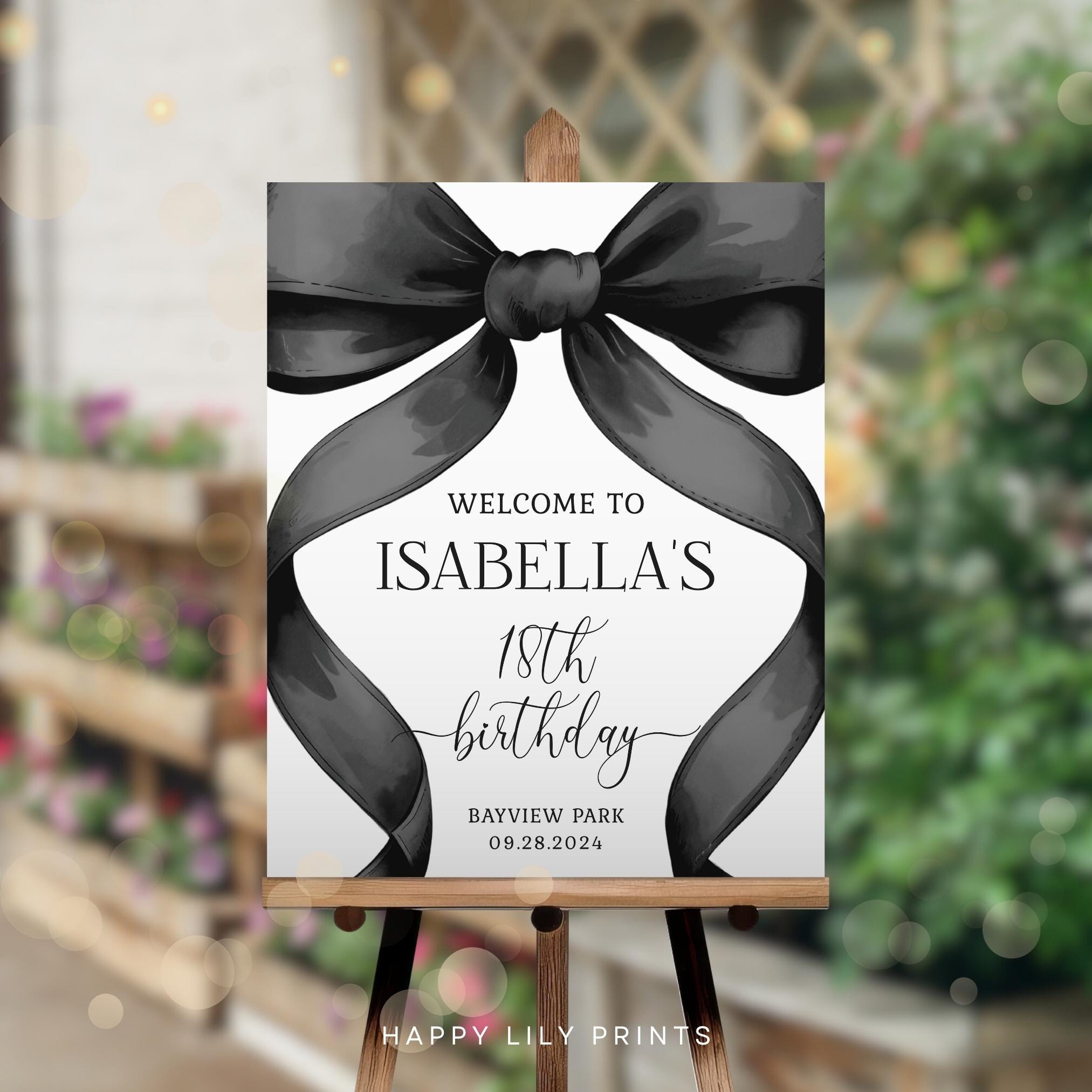 Black Bow Welcome Sign, Editable Black Bow Birthday Welcome Sign ...