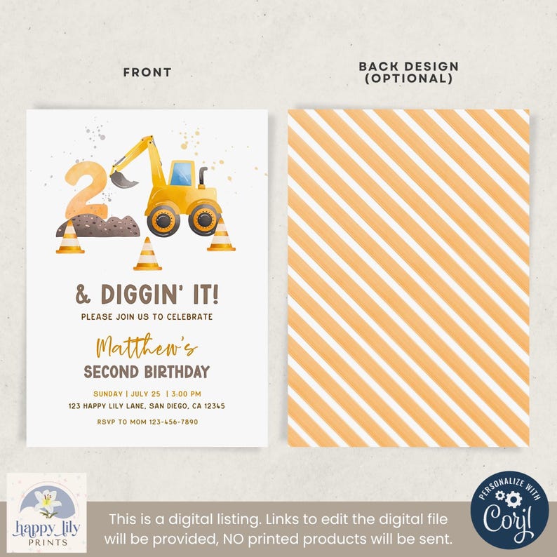 Construction Birthday Invitation 2 Year Old, Editable 2 and Diggin It ...