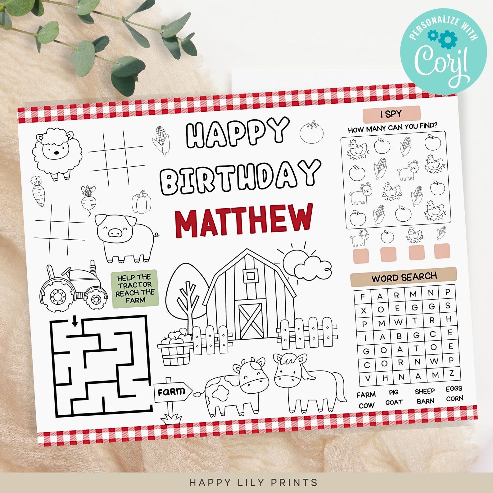 Farm Animal Birthday Coloring Placemat, Farm Party Favor, Farm Coloring ...