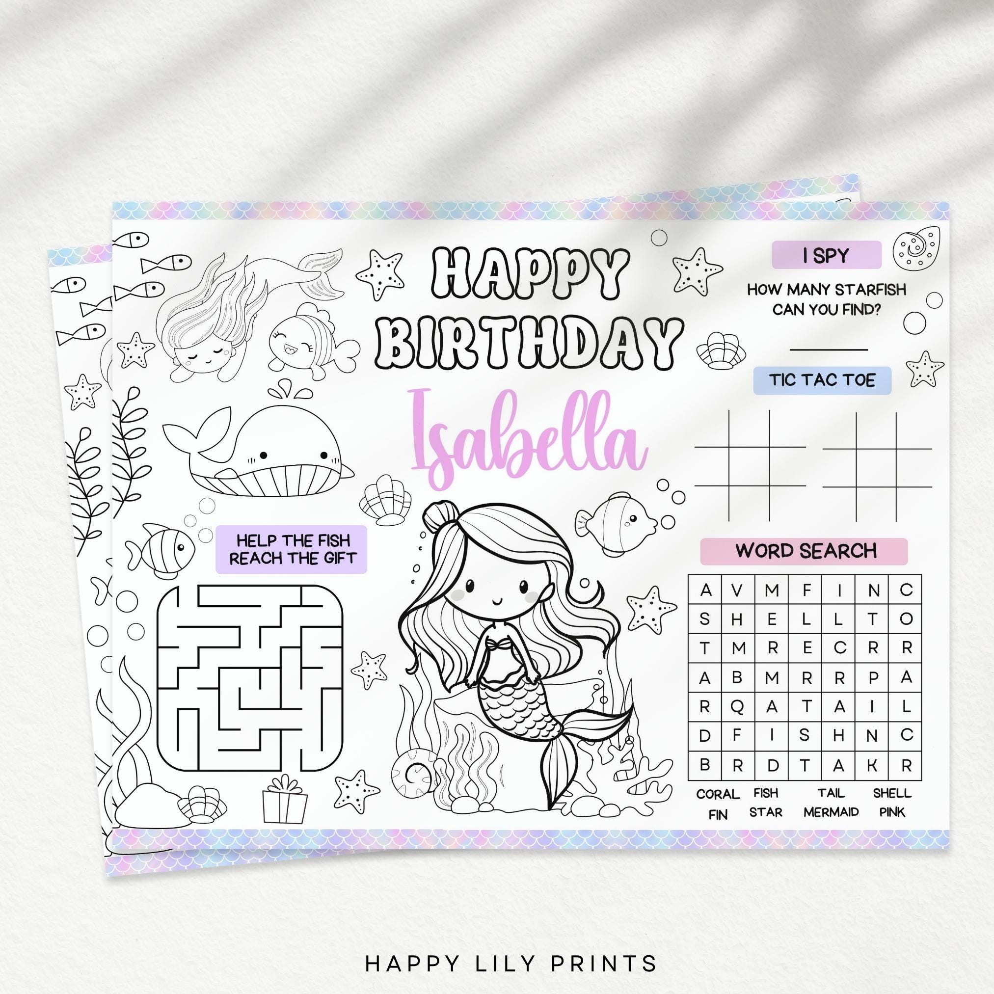 Mermaid Printable Placemat, Editable Mermaid Birthday Coloring Placemat ...