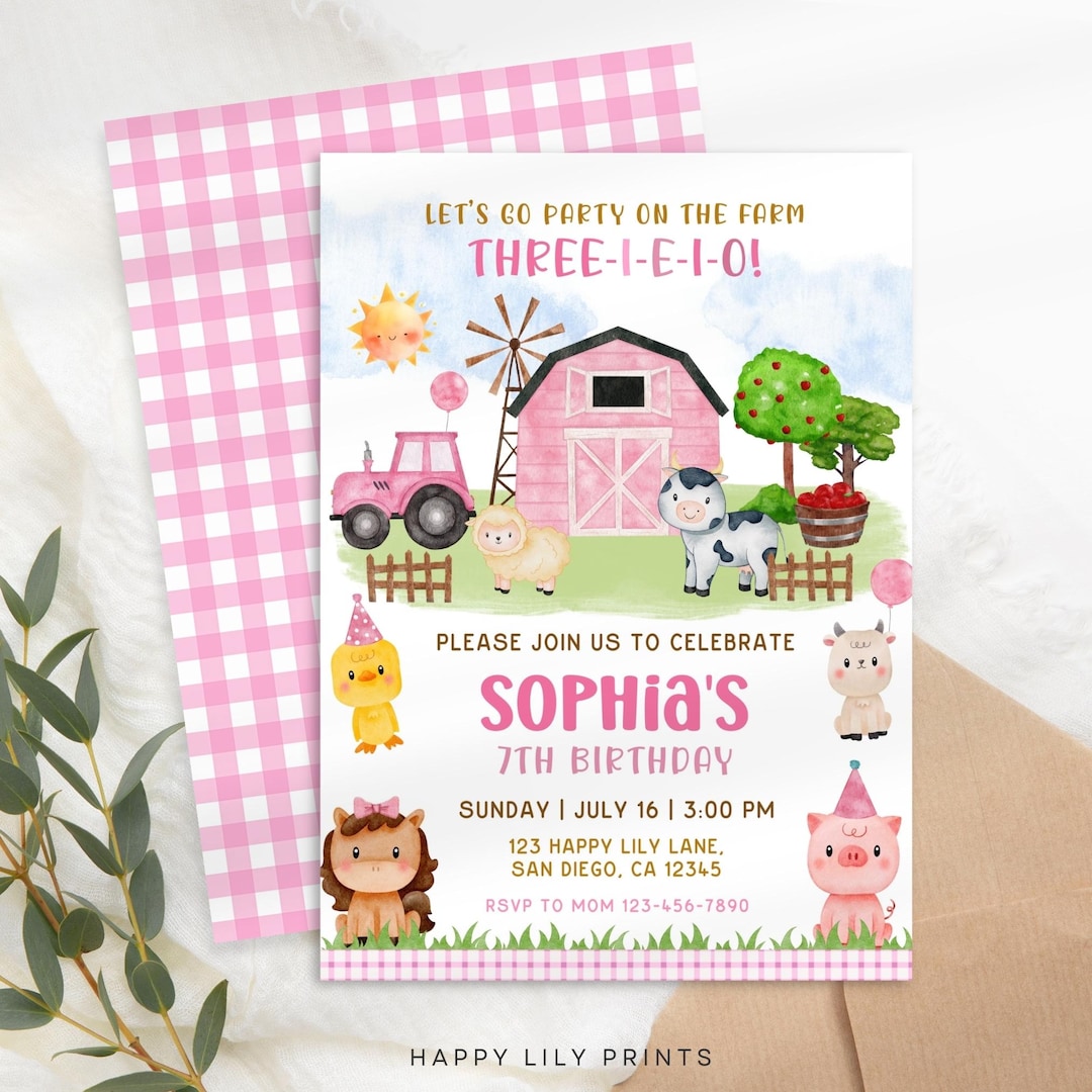 Three I-E-I-O Birthday Invitation, Editable Girl 3rd Birthday Farm ...