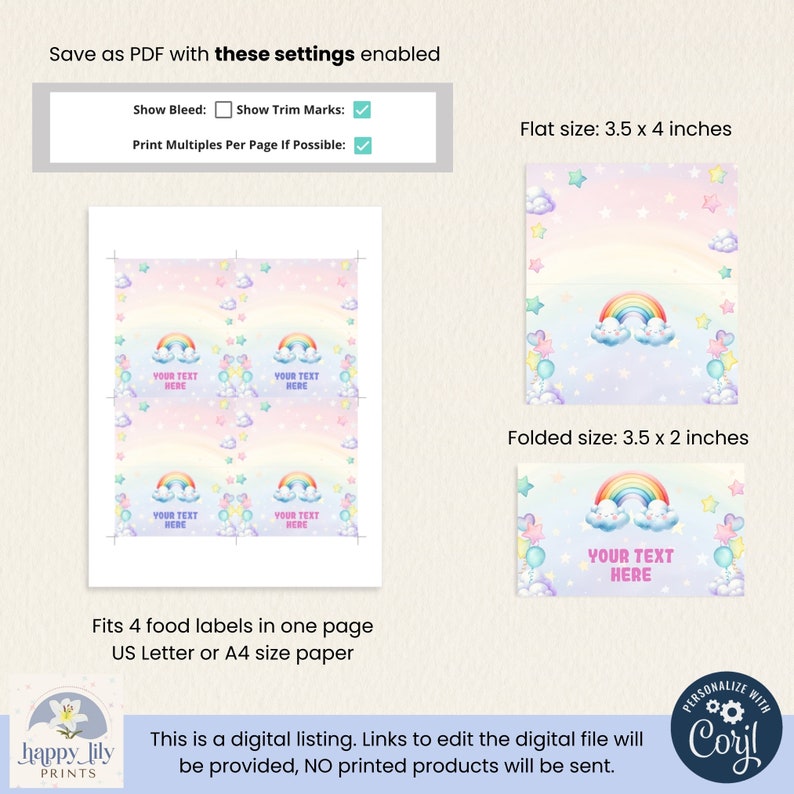 Editable Rainbow Birthday Food Label, Rainbow Party Food Tent Cards ...