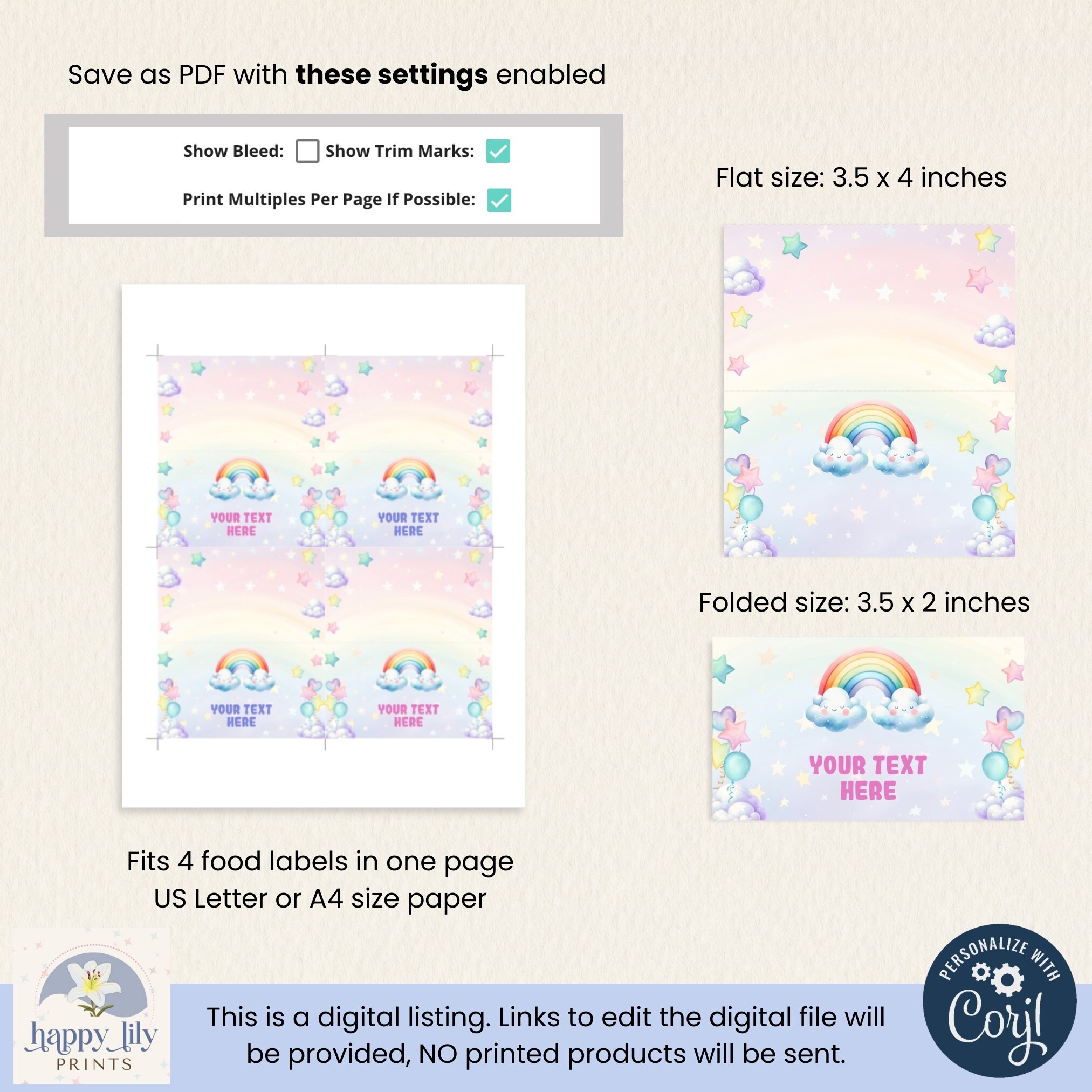 Editable Rainbow Birthday Food Label, Rainbow Party Food Tent Cards ...