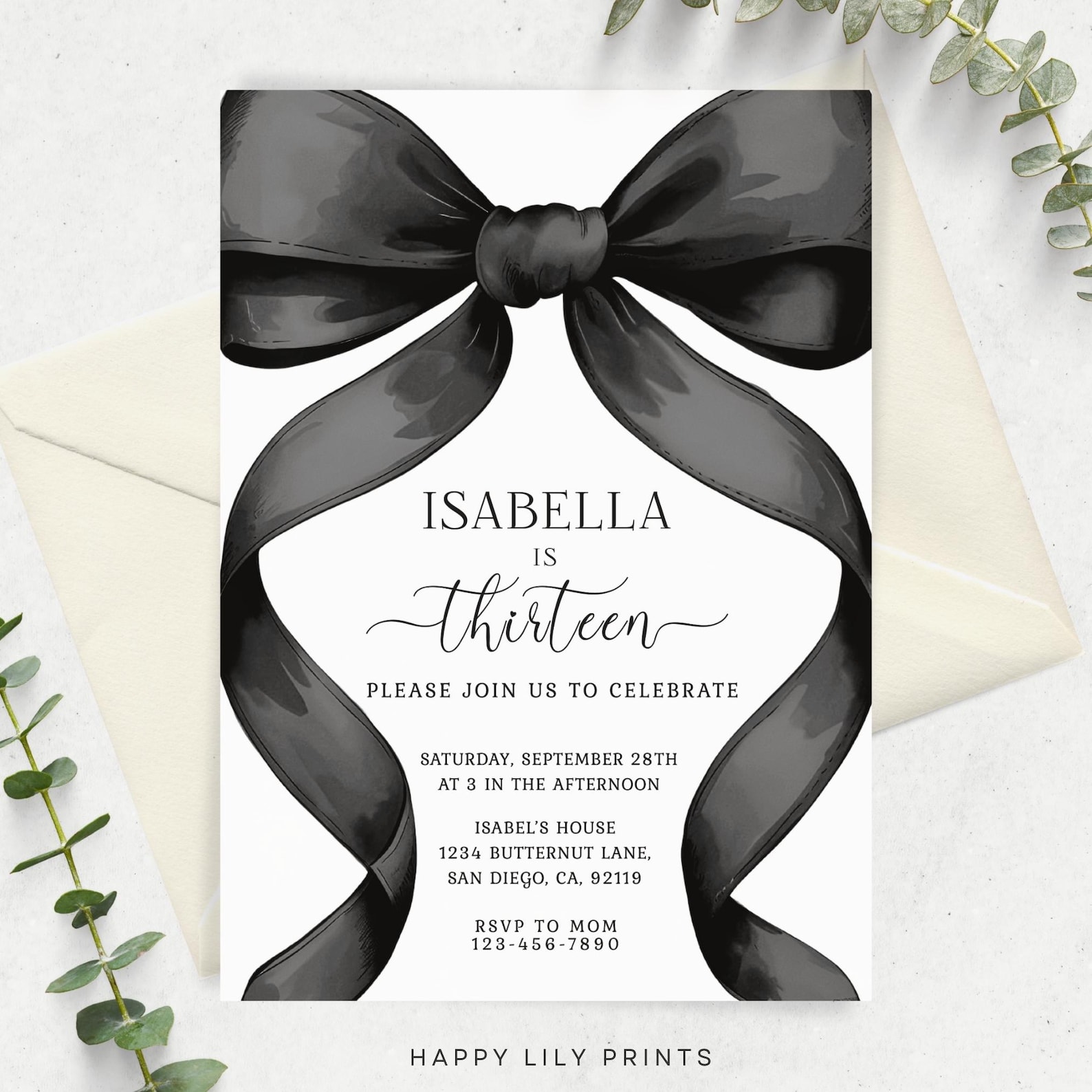 Editable Black Bow Birthday Invitation, Black Coquette Bow, Black Bow ...