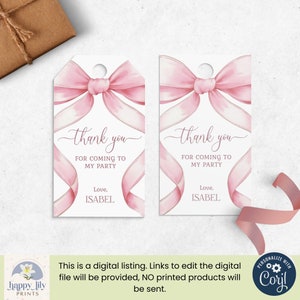 Pink Bow Thank You Tag, Editable Pink Bow Party Favors Tag, Minimalist ...