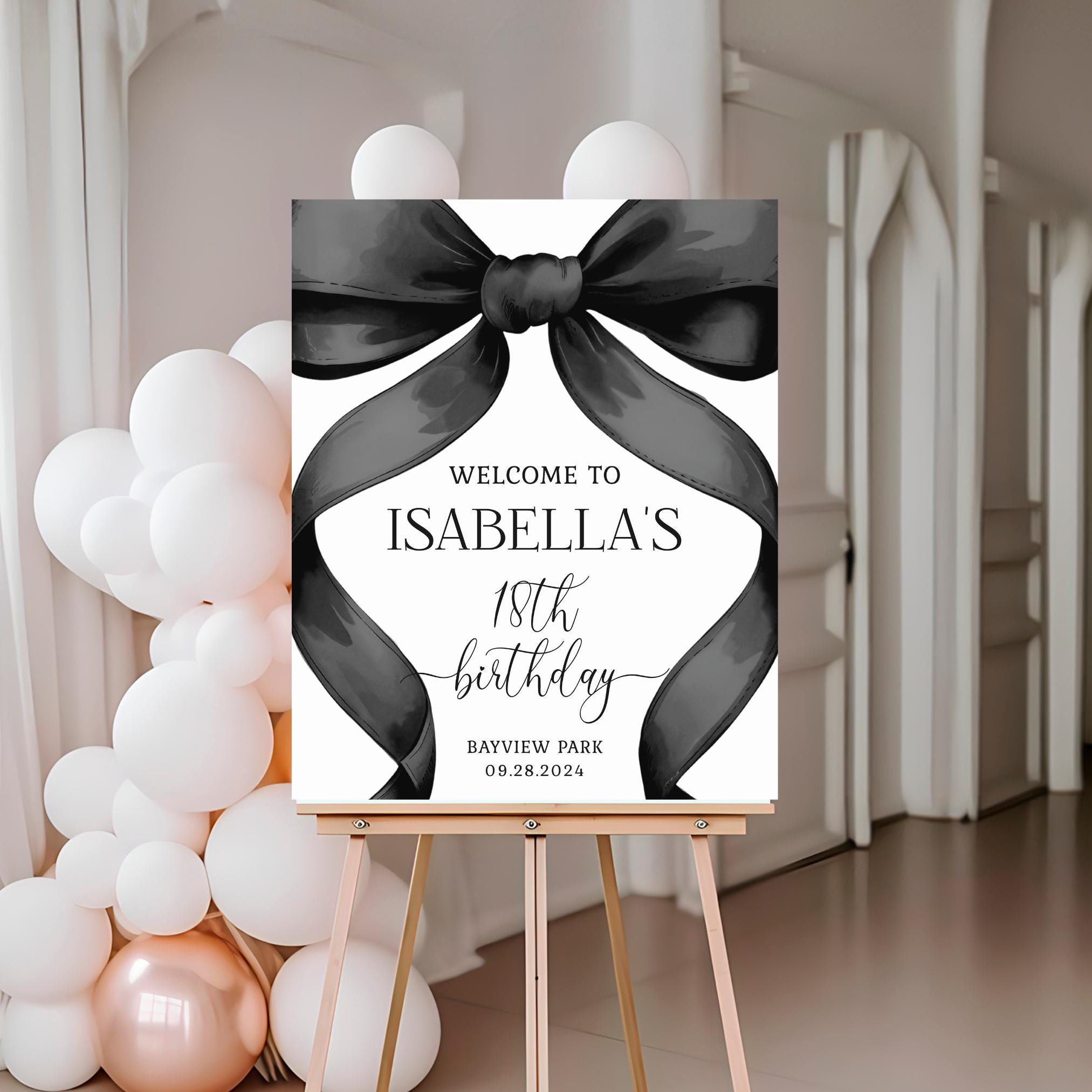 Black Bow Welcome Sign, Editable Black Bow Birthday Welcome Sign ...