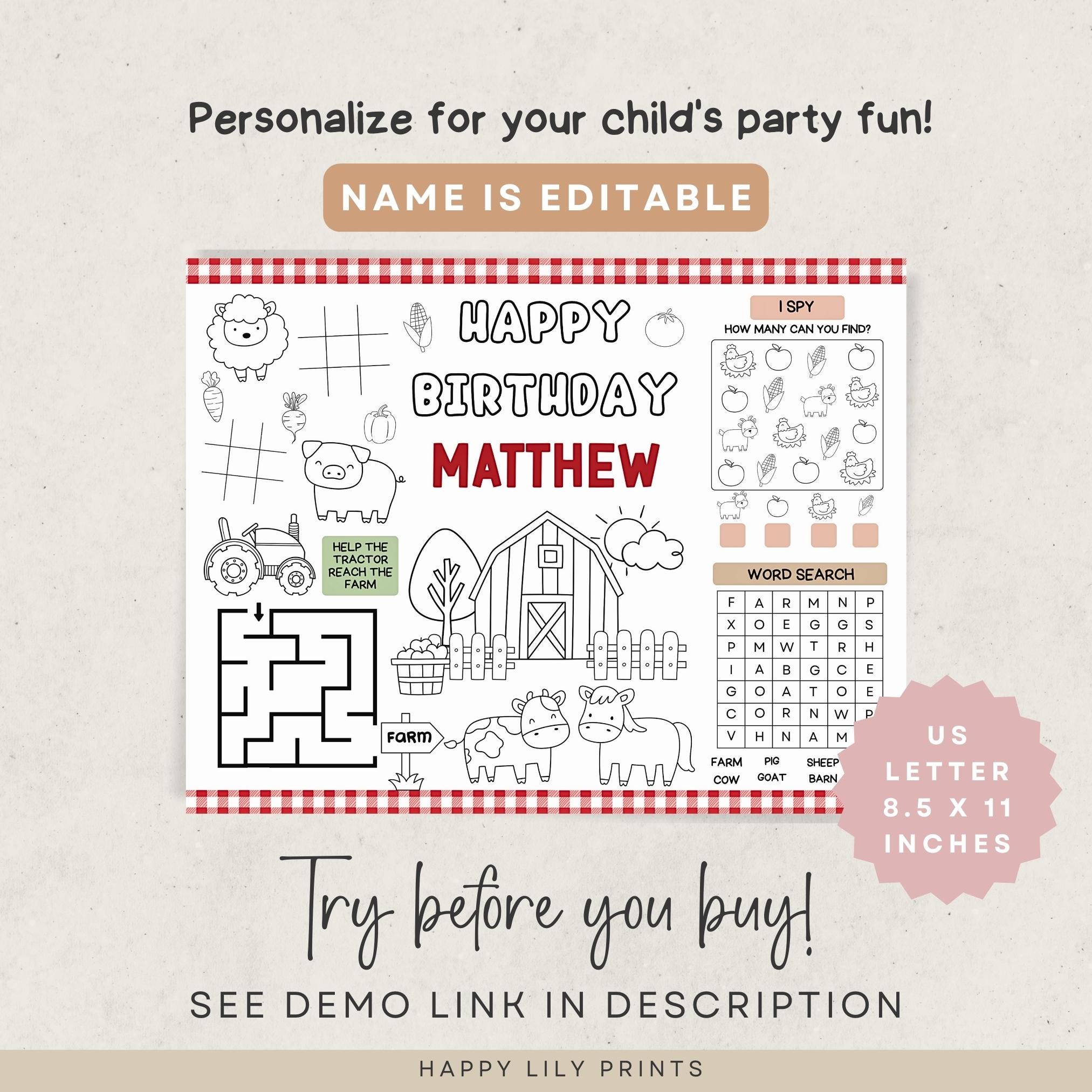 Farm Animal Birthday Coloring Placemat, Farm Party Favor, Farm Coloring ...