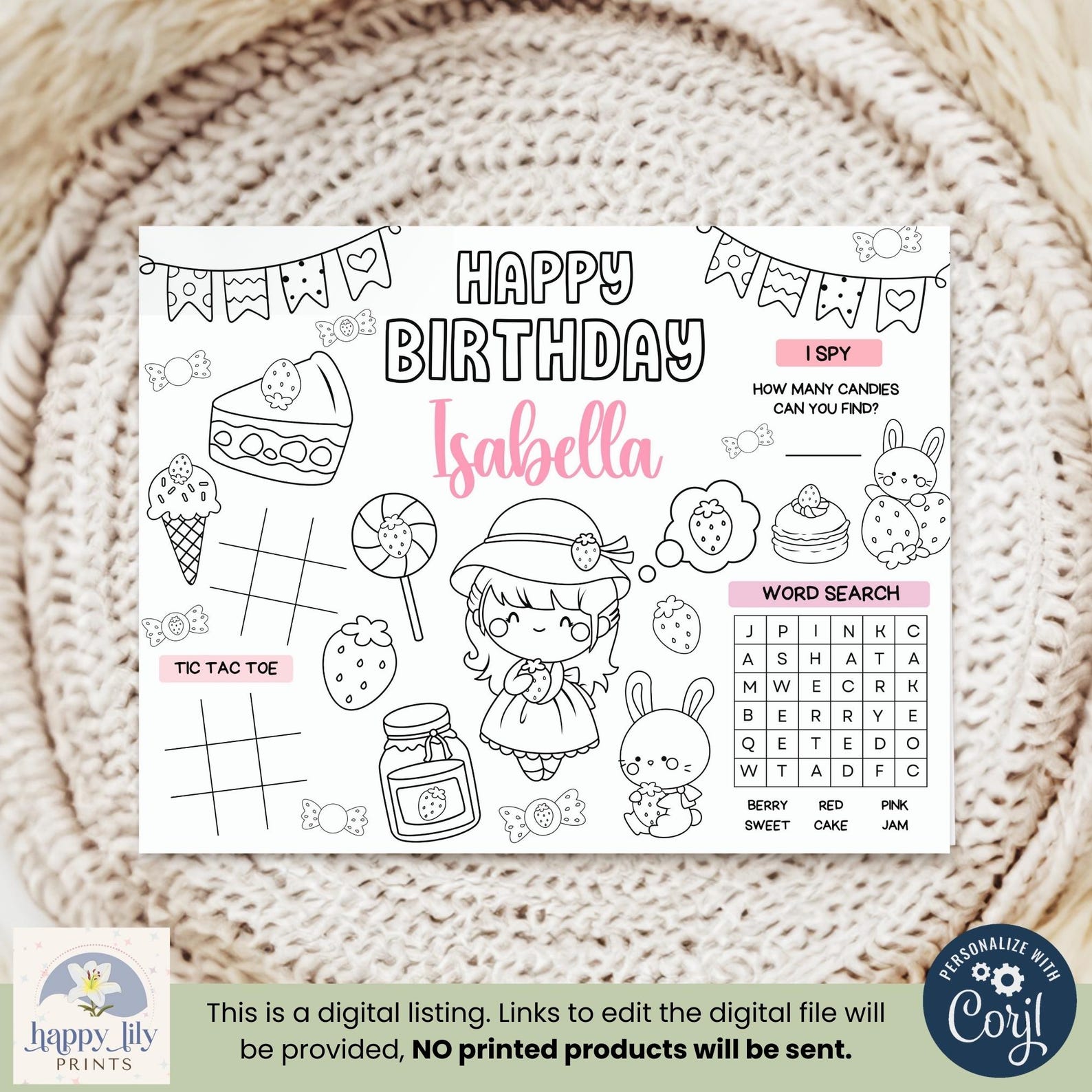Berry First Birthday Coloring Page, Editable Strawberry Placemat ...