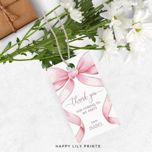 Pink Bow Thank You Tag, Editable Pink Bow Party Favors Tag, Minimalist ...