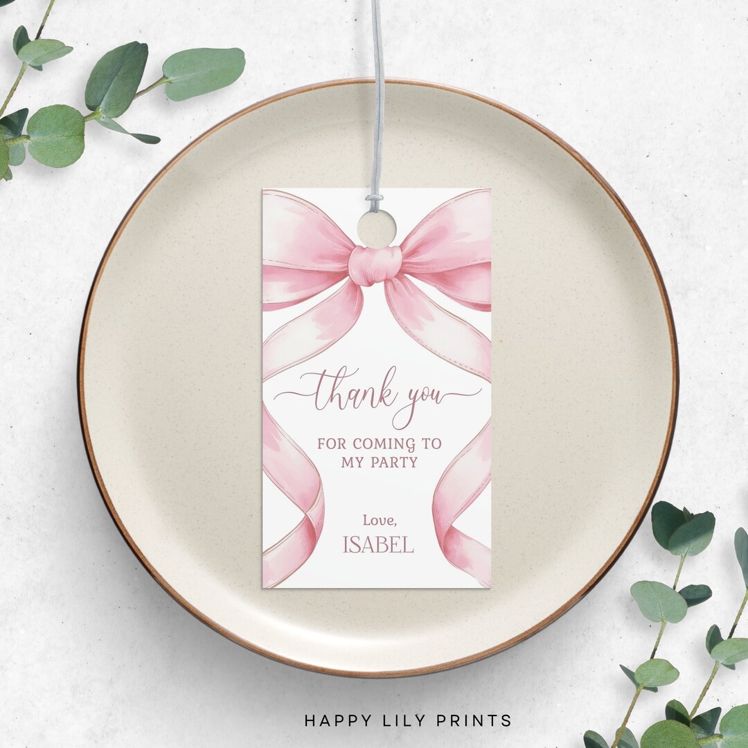 Pink Bow Thank You Tag, Editable Pink Bow Party Favors Tag, Minimalist ...