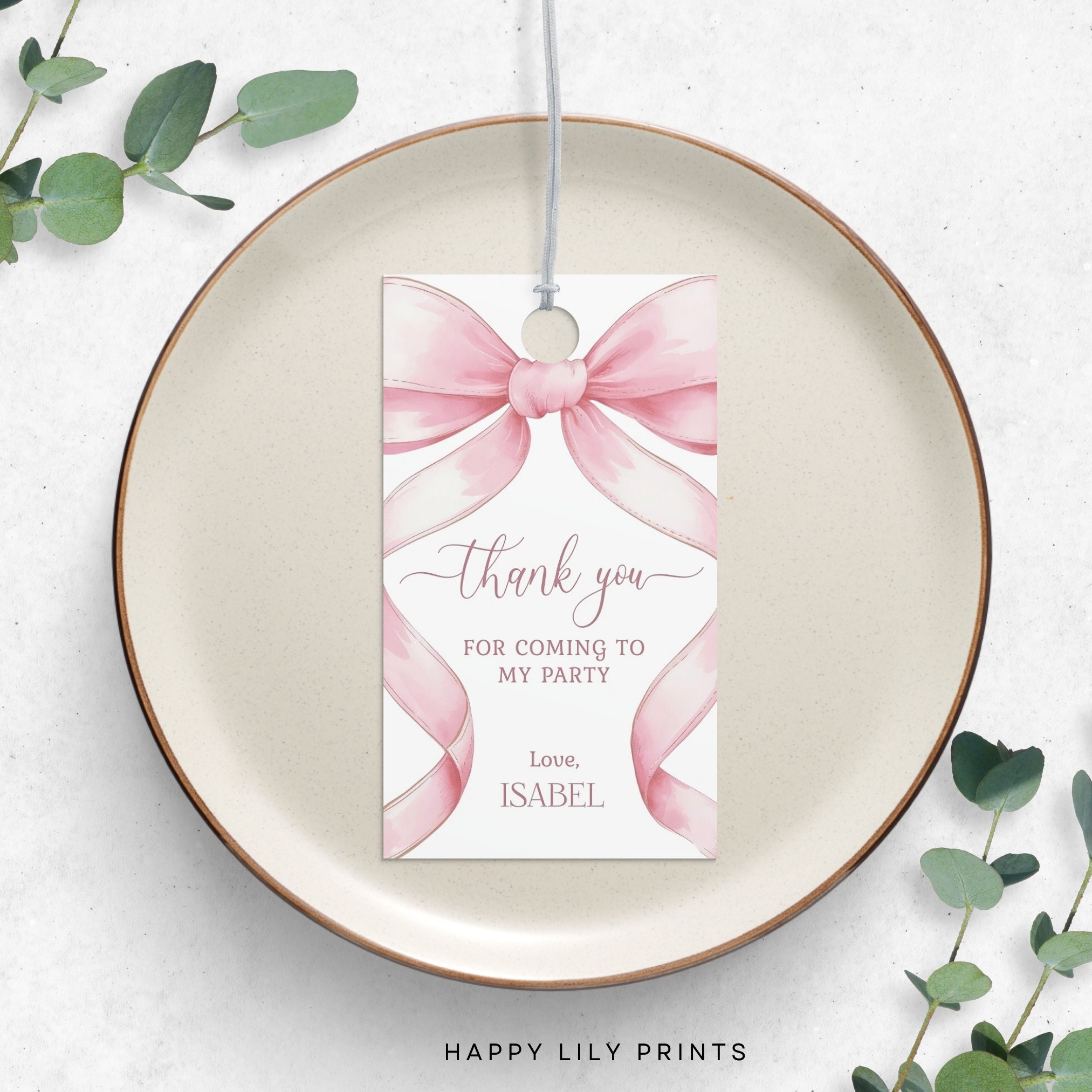 Pink Bow Thank You Tag, Editable Pink Bow Party Favors Tag, Minimalist ...