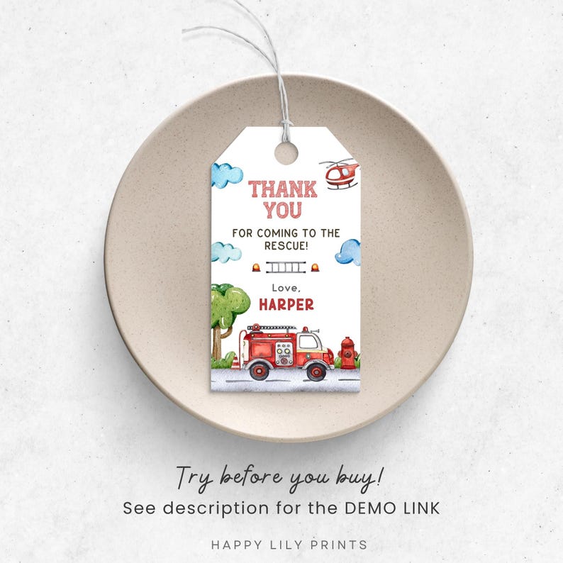 Firetruck Thank You Tag, Editable Fire Truck Party Favors Tag ...