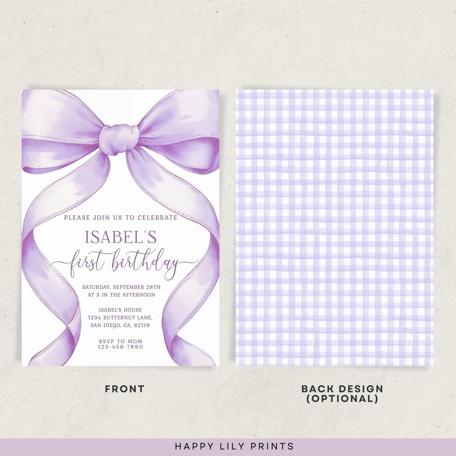Editable Purple Bow Birthday Invitation, 1st Birthday, First Birthday ...