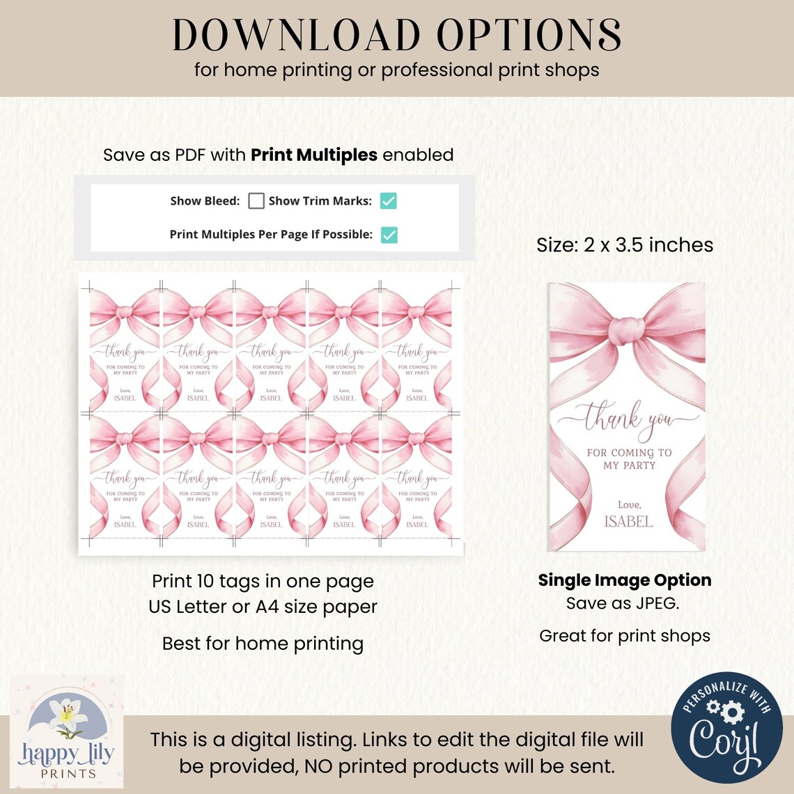 Pink Bow Thank You Tag, Editable Pink Bow Party Favors Tag, Minimalist ...
