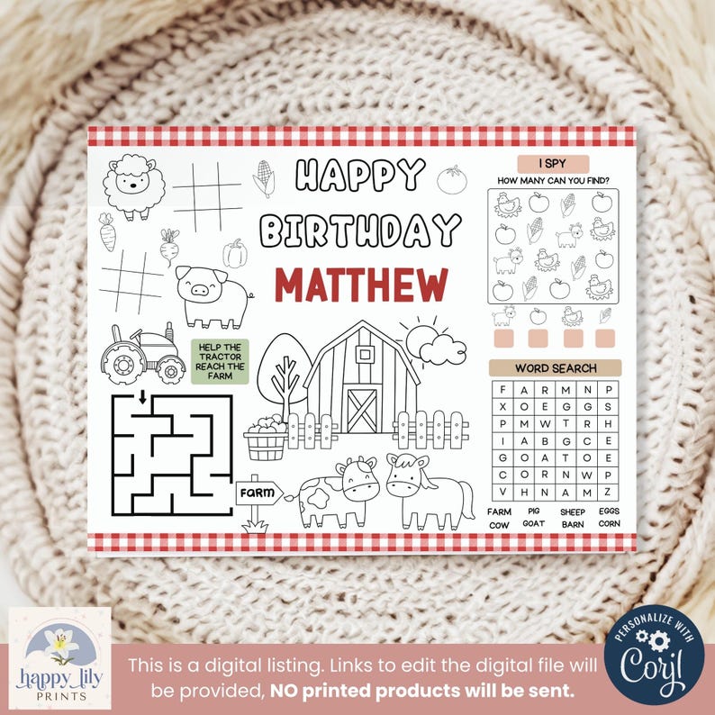 Farm Animal Birthday Coloring Placemat, Farm Party Favor, Farm Coloring ...