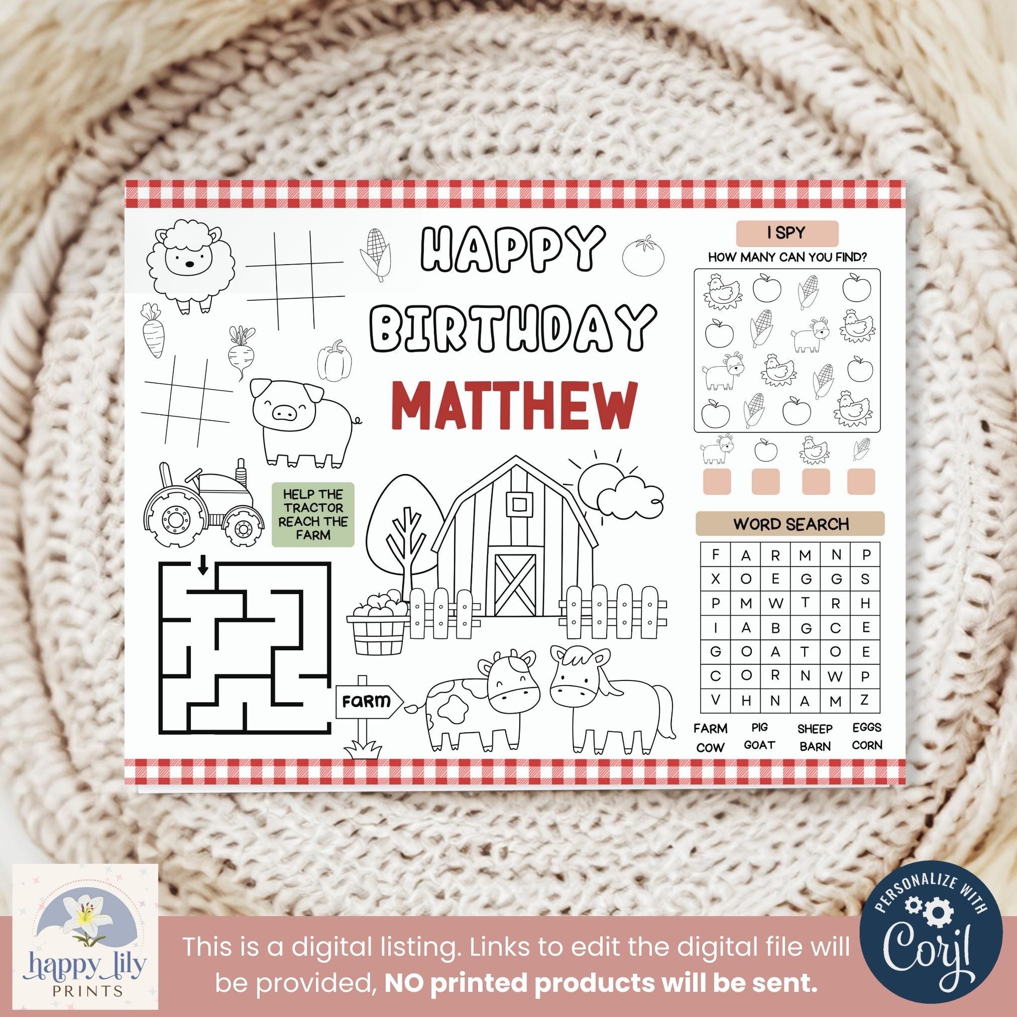 Farm Animal Birthday Coloring Placemat, Farm Party Favor, Farm Coloring ...