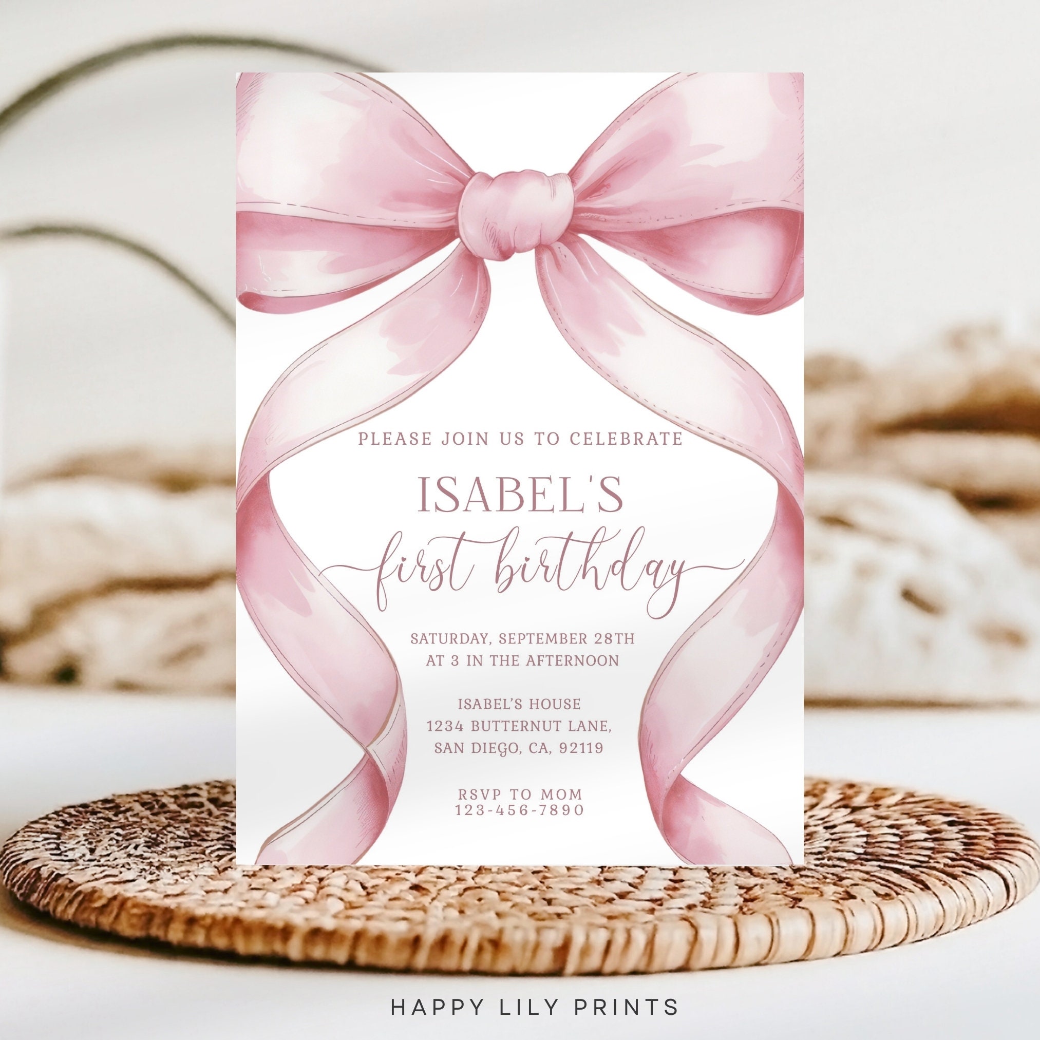 Editable Pink Bow Birthday Invitation, 1st Birthday, First Birthday ...